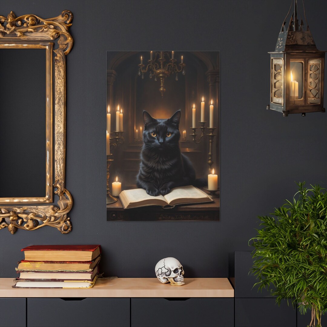 Gothic Black Cat Canvas, Dark Academia Cat Reading Book Art, Mysterious ...
