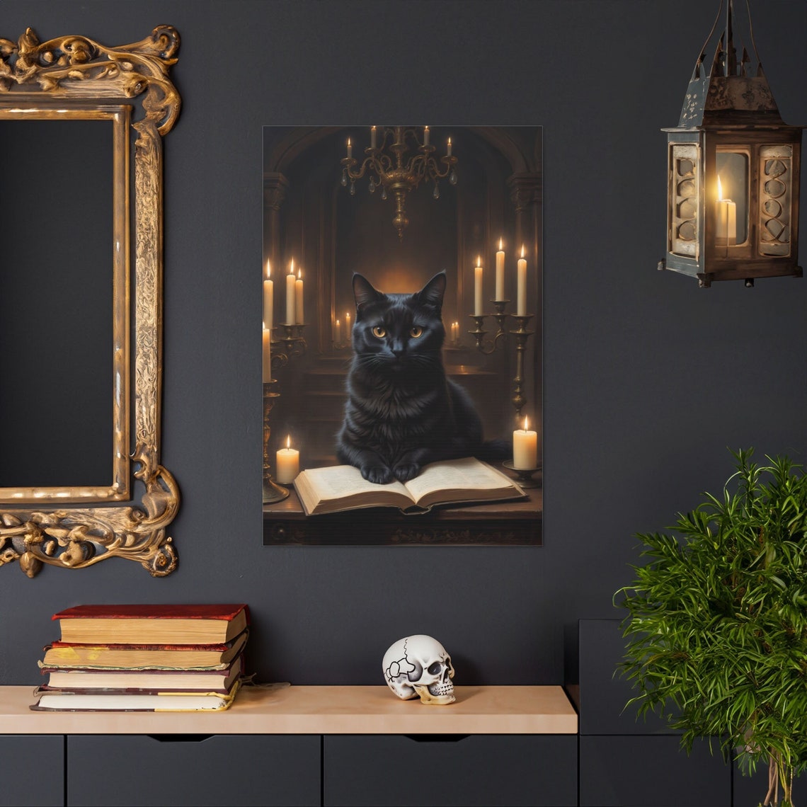 Gothic Black Cat Canvas, Dark Academia Cat Reading Book Art, Mysterious ...