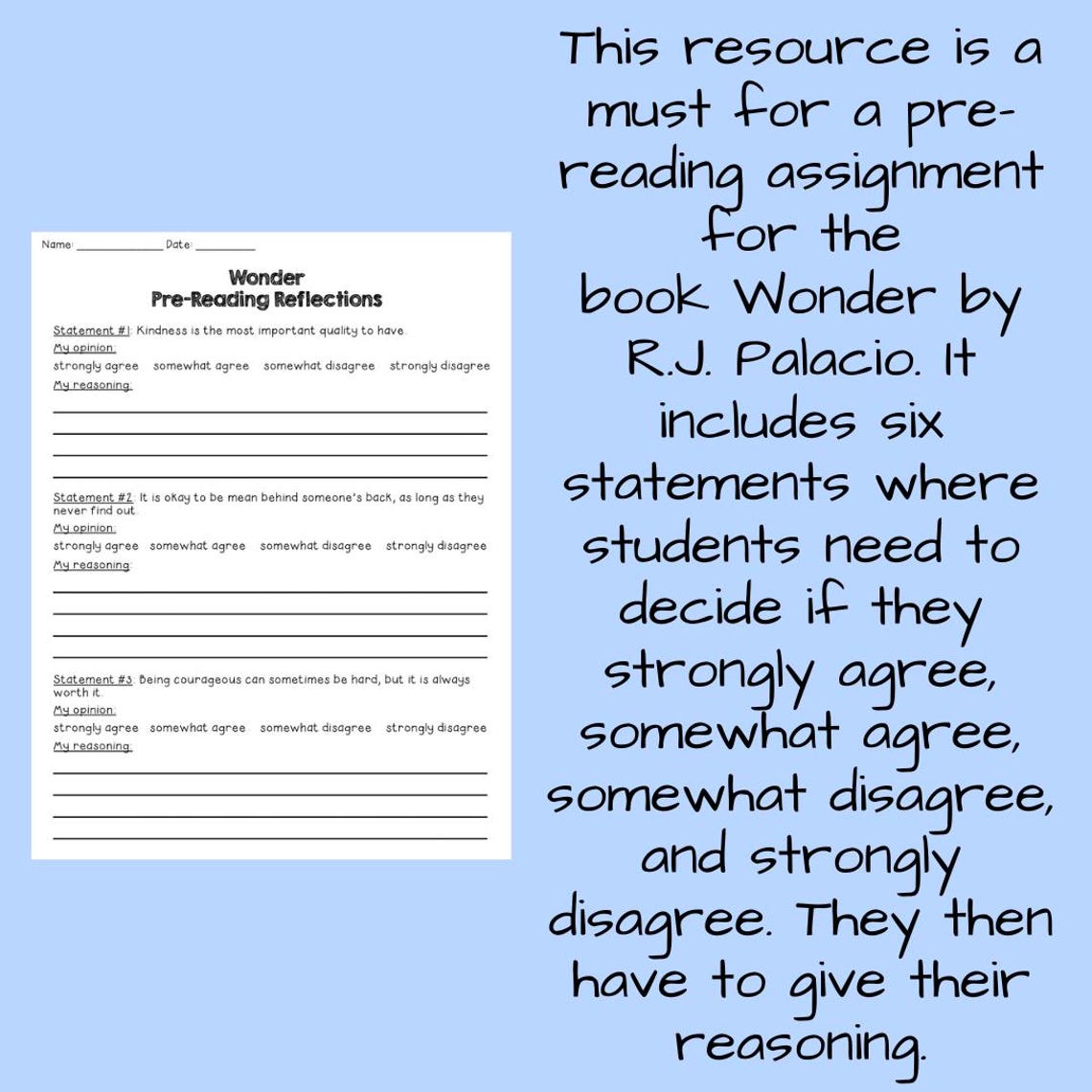 Wonder Pre-reading Reflections - Etsy