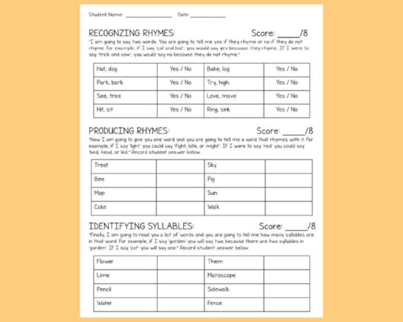Rhyming and Syllables Assessment (kindergarten) - Etsy