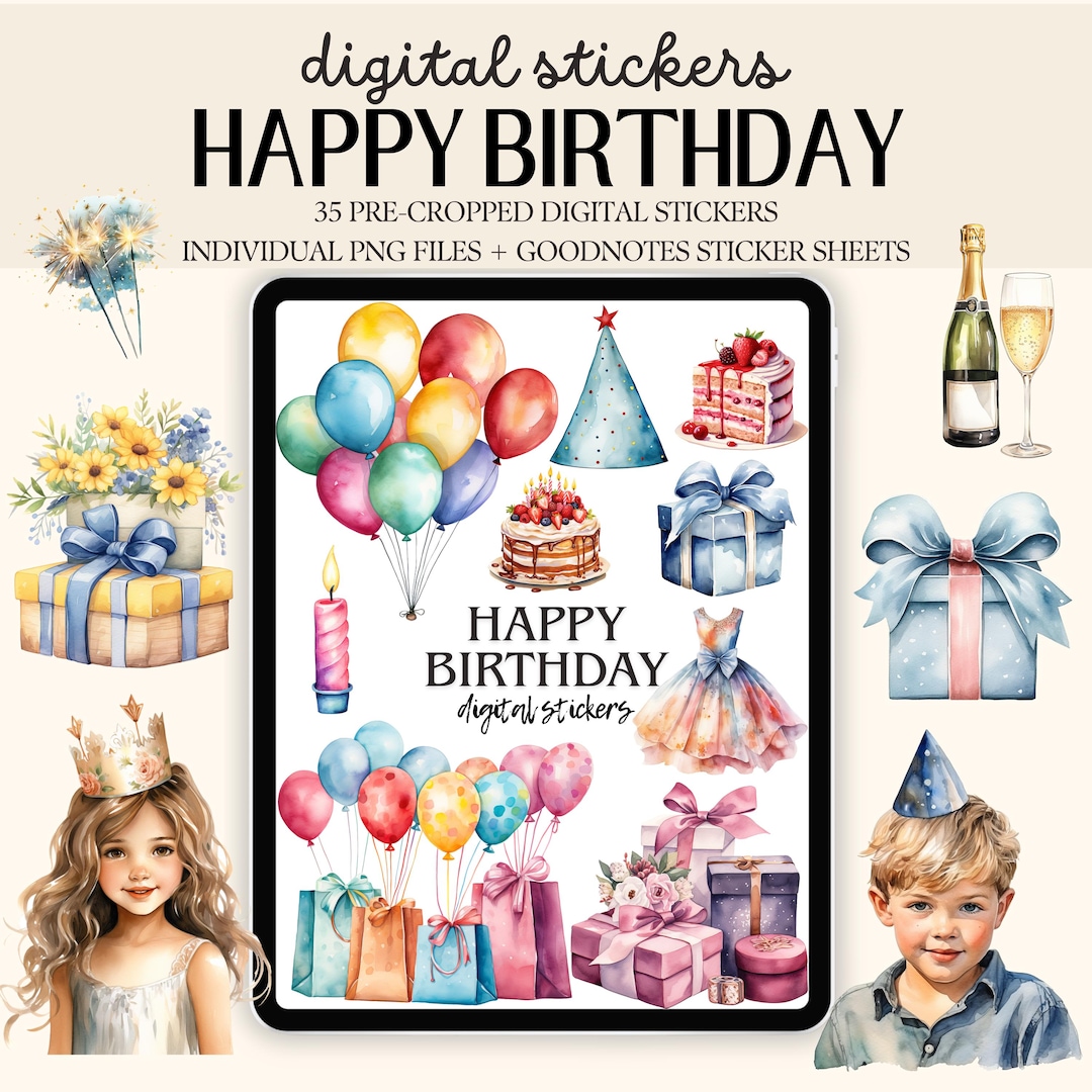 Watercolor Birthday Digital Stickers, Planner Scrapbook PNG (goodnotes ...