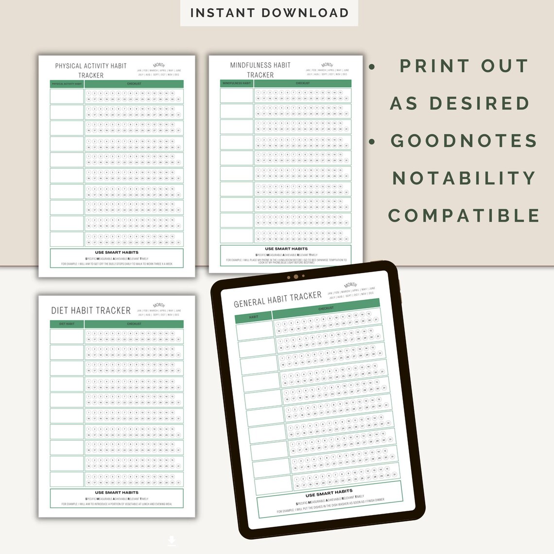 Habit Tracker Monthly, Printable Goal Tracker Daily, PDF Goodnotes ...