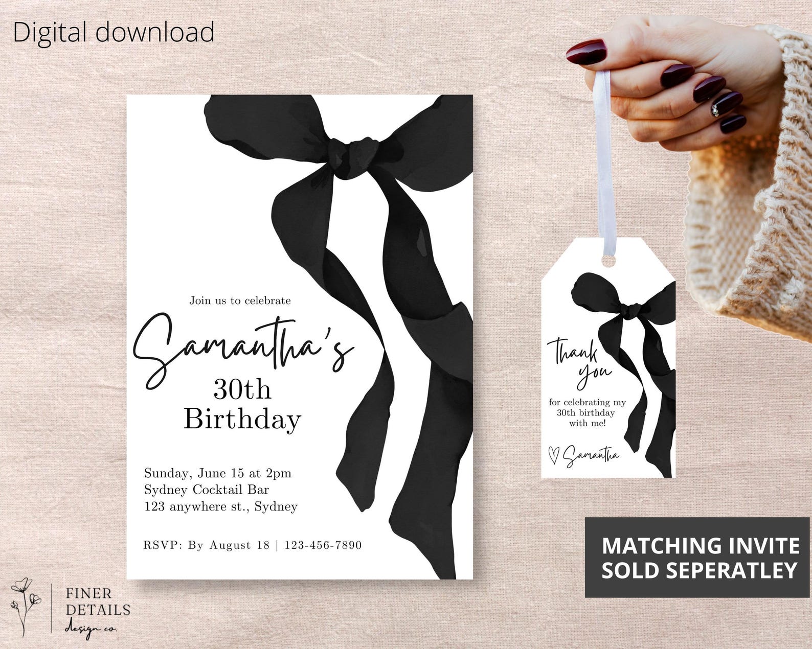 Black Bow Party Favor Tag Template, Editable Thank You Tags (digital ...