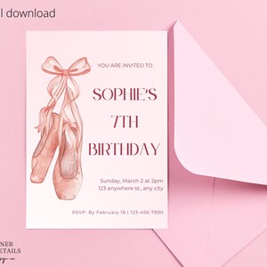 Printable Pink Ballet Slippers Birthday Invitation Simplistic Ballerina ...