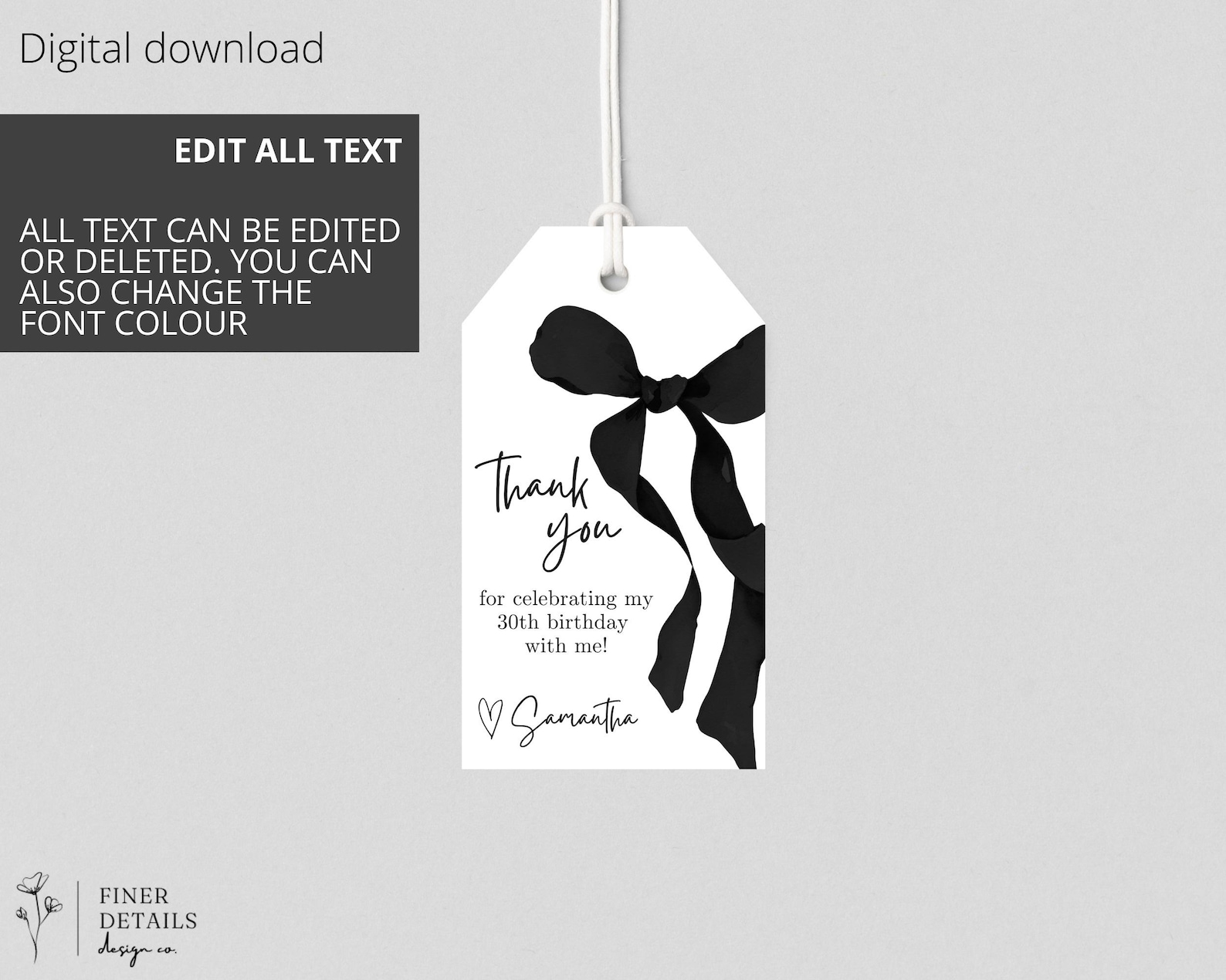 Black Bow Party Favor Tag Template, Editable Thank You Tags (digital ...