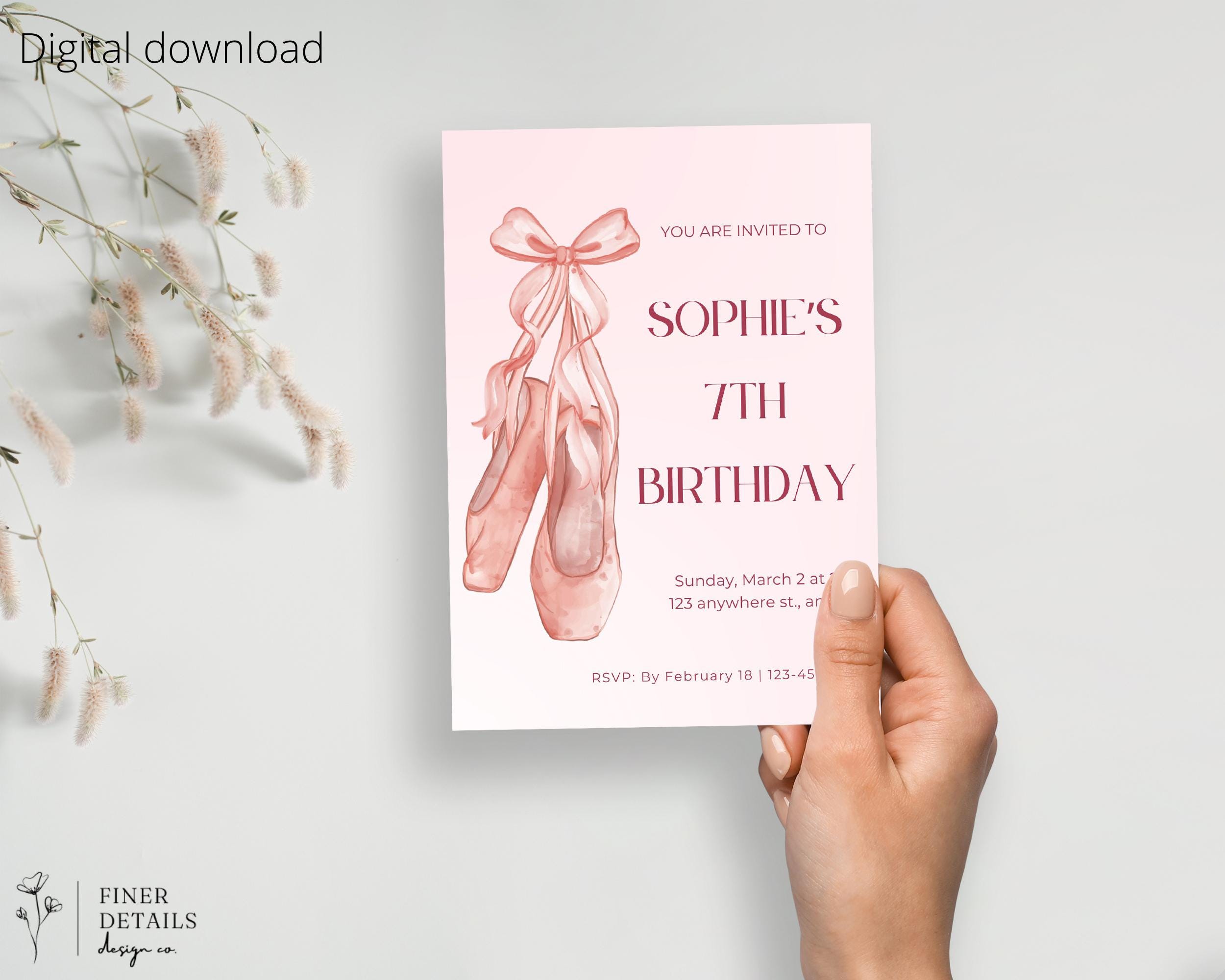 Printable Pink Ballet Slippers Birthday Invitation Simplistic Ballerina ...
