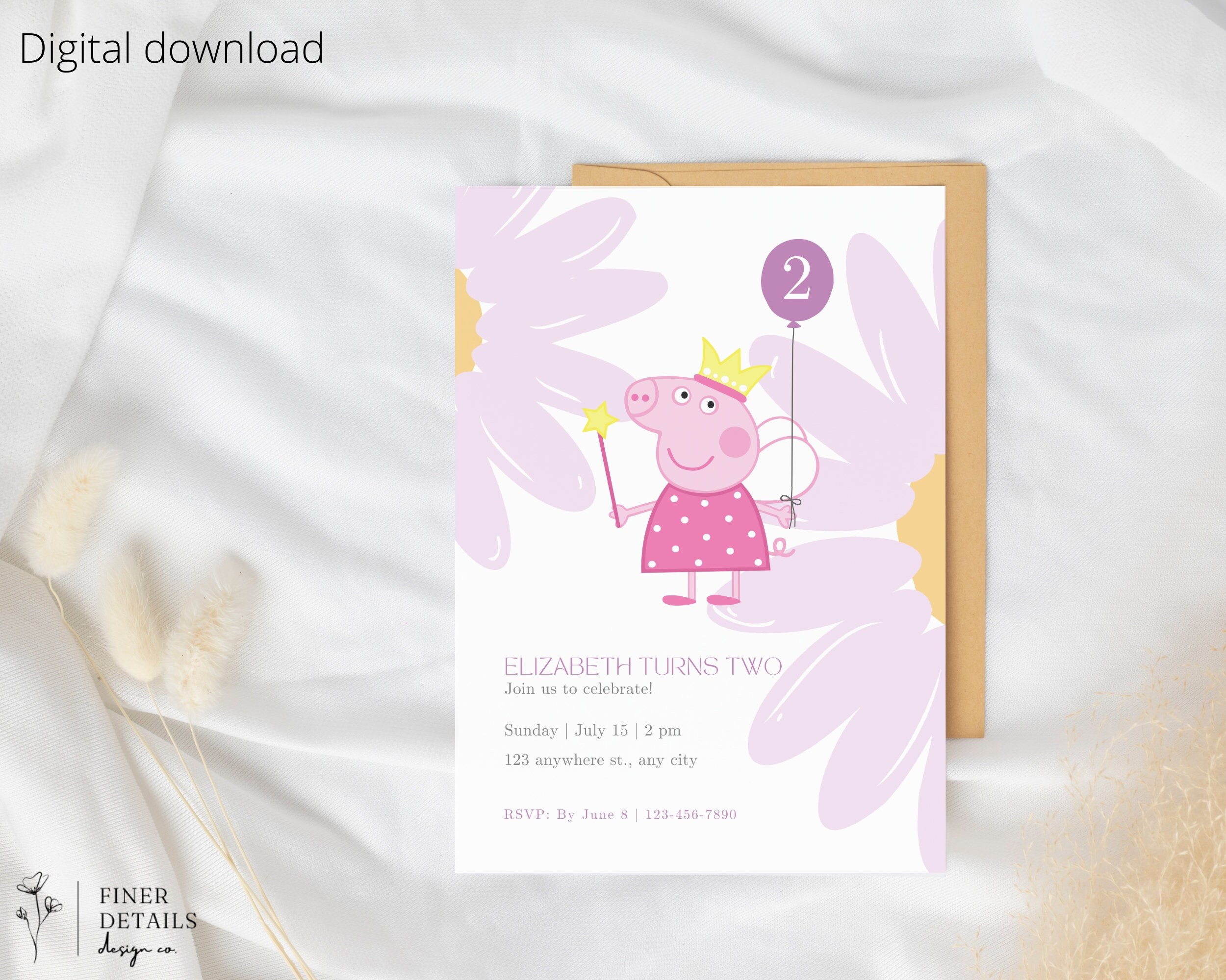 Editable Peppa Pig Birthday Invitation Colourful Peppa Pig Purple ...