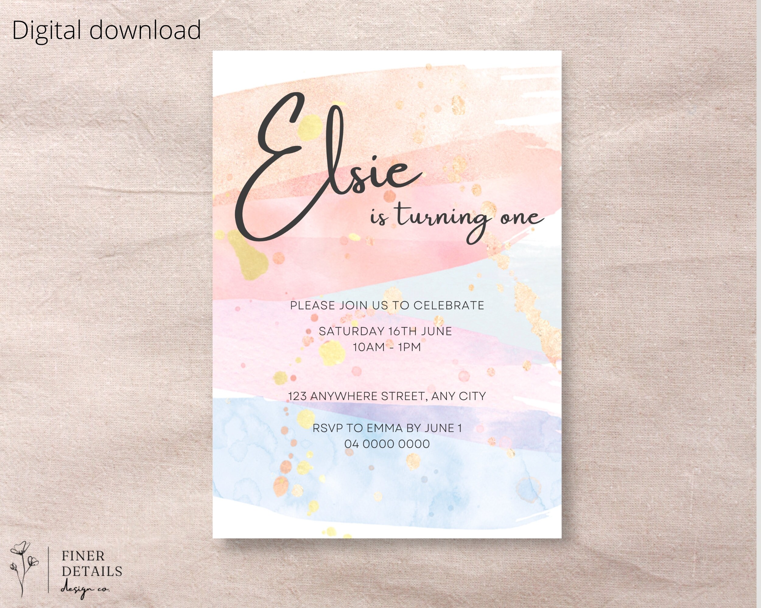 Editable Rainbow Birthday Invitation Colourful Watercolour Invitation ...