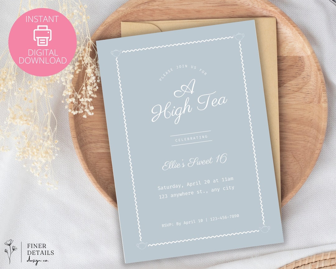 Editable Tea Party Birthday Invitation, Dusty Blue High Tea Invite - Etsy