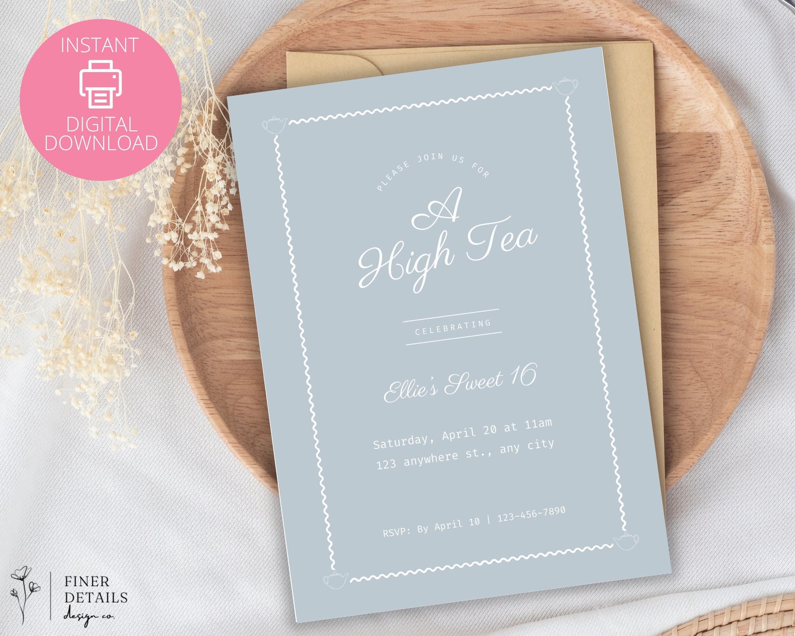 Editable Tea Party Birthday Invitation, Dusty Blue High Tea Invite ...
