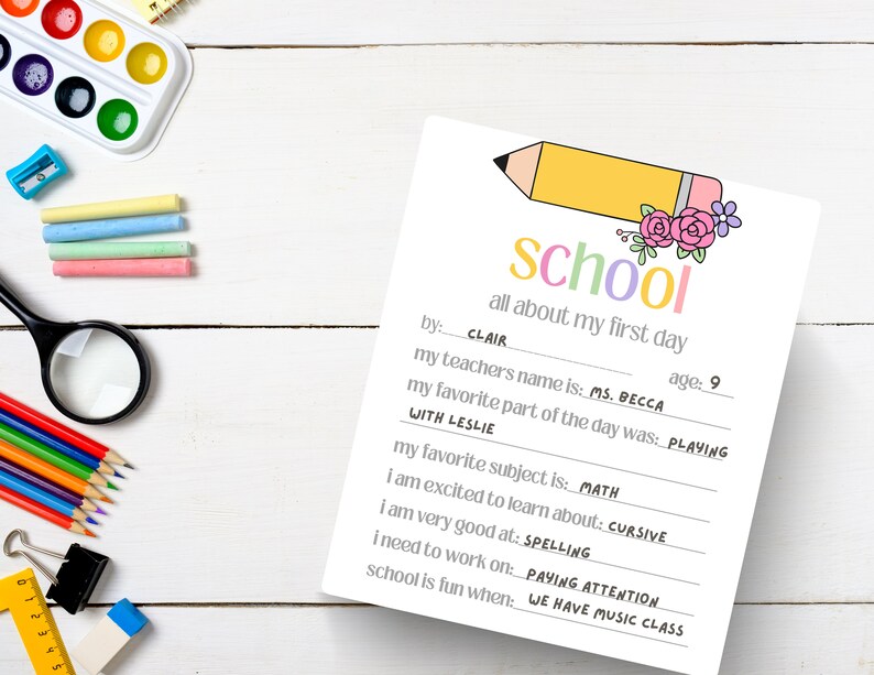Floral Pencil Back to School Questionnaire - First Day of School ...