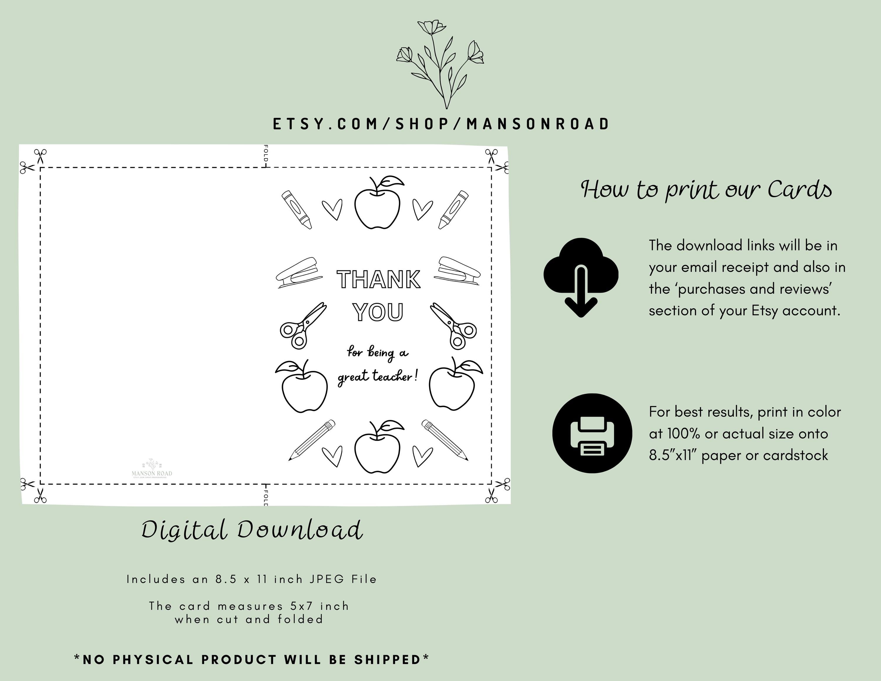 Teacher Thank You Card – Coloring Page Printable - Digital Download - Etsy