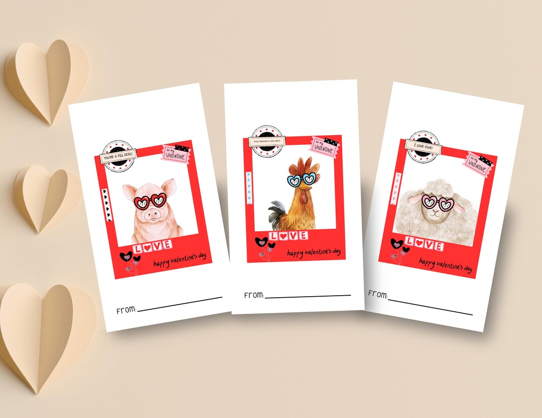 Farm Animal Valentine Cards for Kids - Pig Sheep Rooster Classroom ...