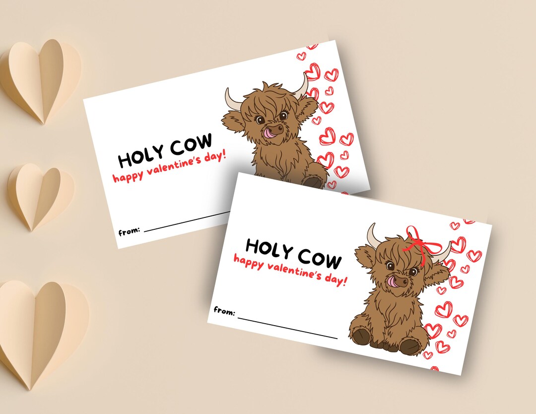 Highland Cow Valentine Cards for Kids - Farm Animal Classroom Printable ...
