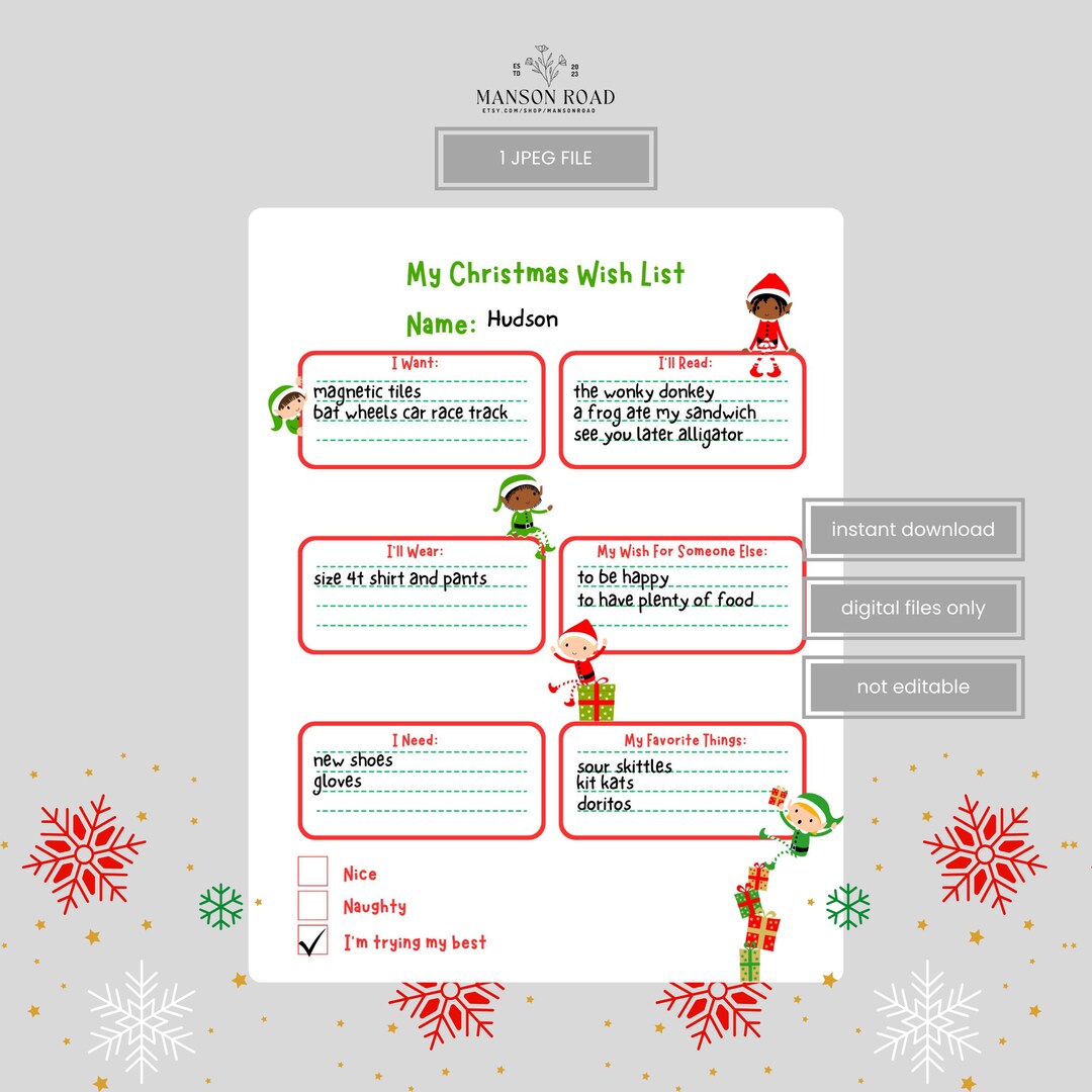 Printable Christmas Wish List Elf Christmas List Want Need Wear Read - Etsy