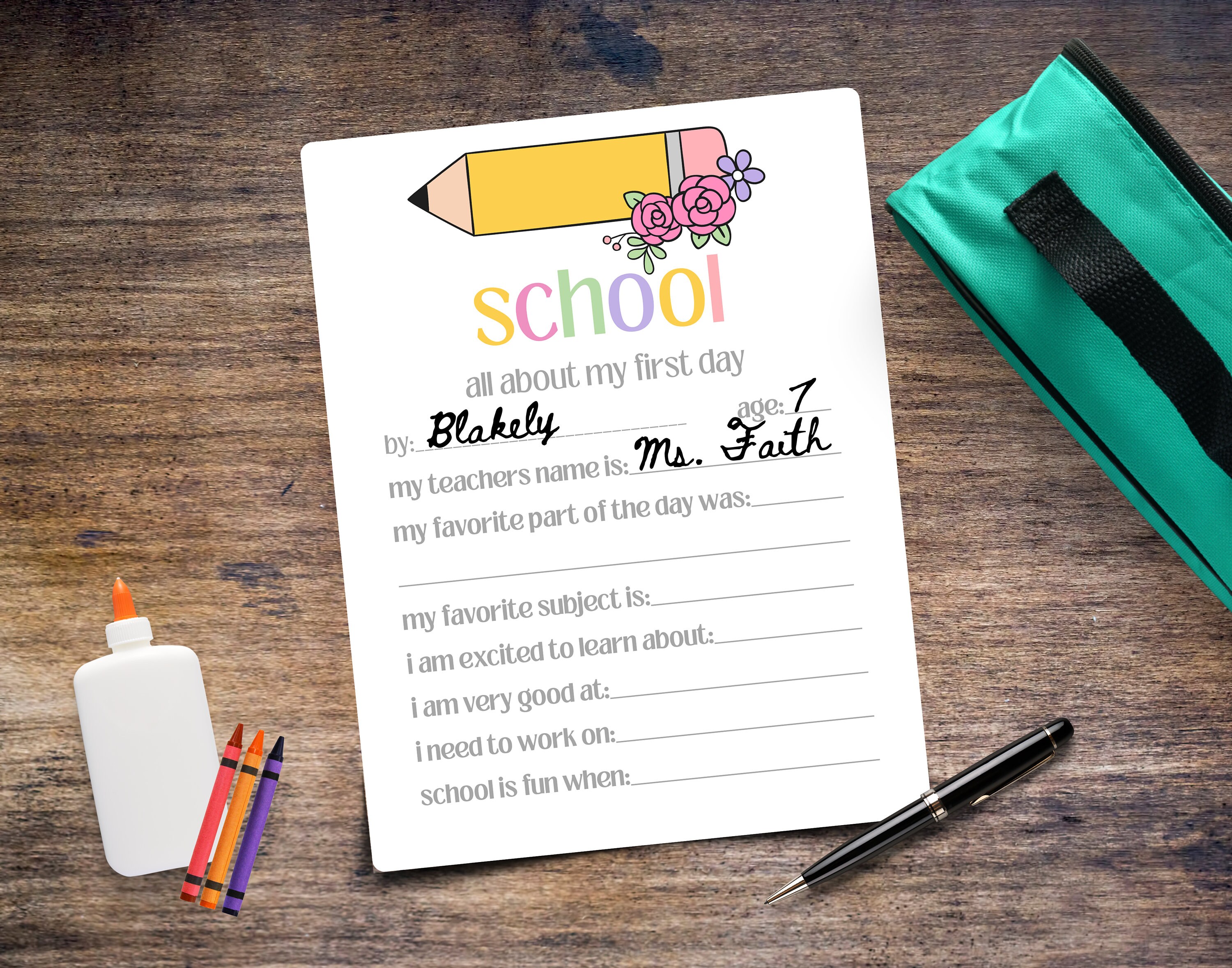 Floral Pencil Back to School Questionnaire - First Day of School ...