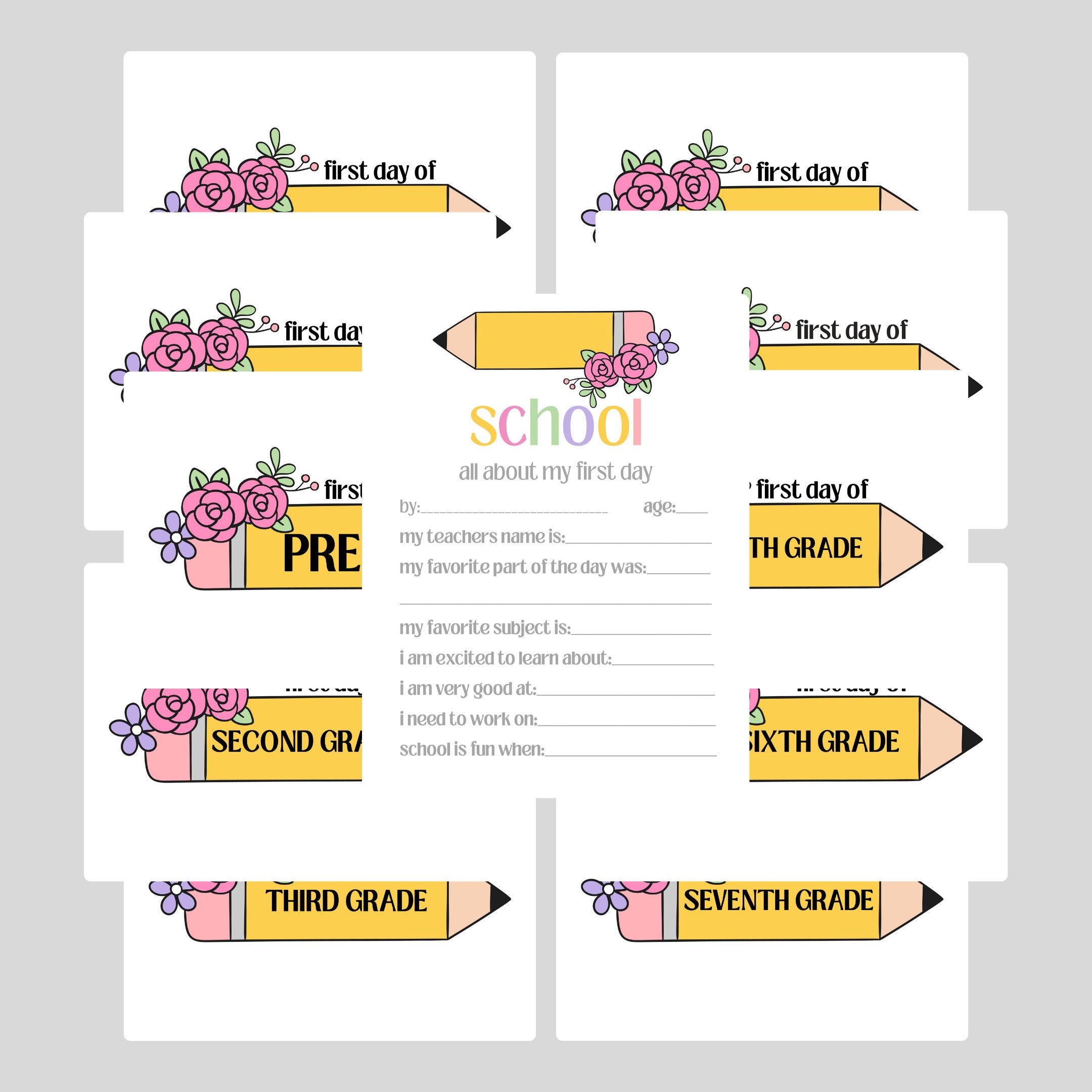 Floral Pencil Back to School Questionnaire - First Day of School ...