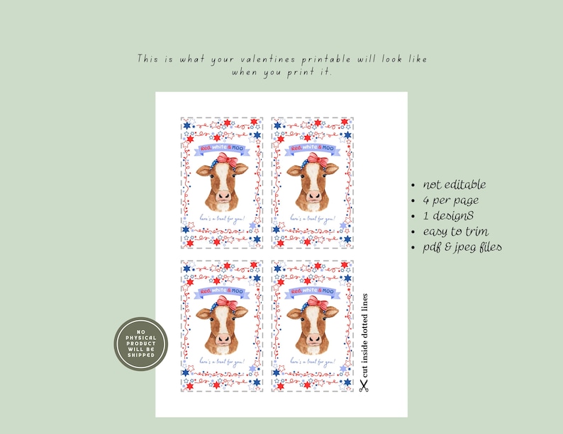 Red White Moo Gift Tags - Printable Patriotic Cow Treat Tags - Fourth ...