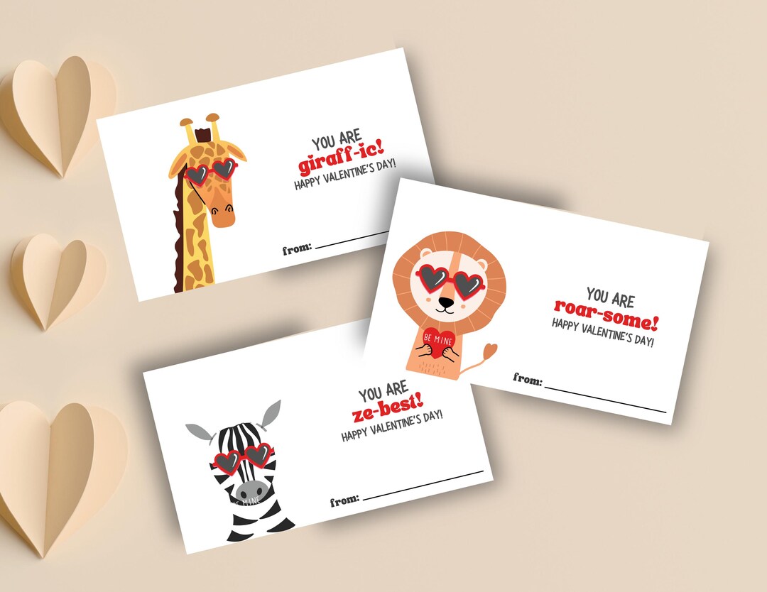 Animal Valentine Cards for Kids - Lion Giraffe Zebra Classroom ...