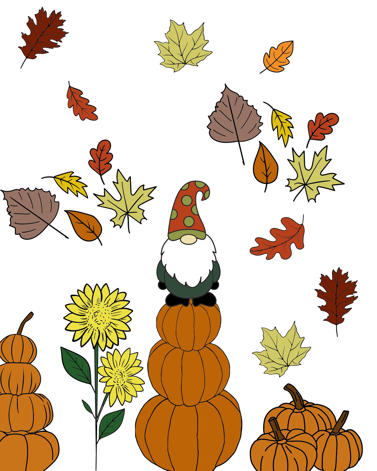 Gnome Fall Coloring Page Fall Coloring Printable Gnome - Etsy
