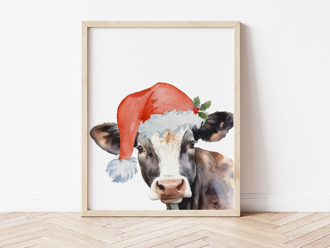 Watercolor Christmas Cow Print – Farmhouse Holiday Decor (digital ...