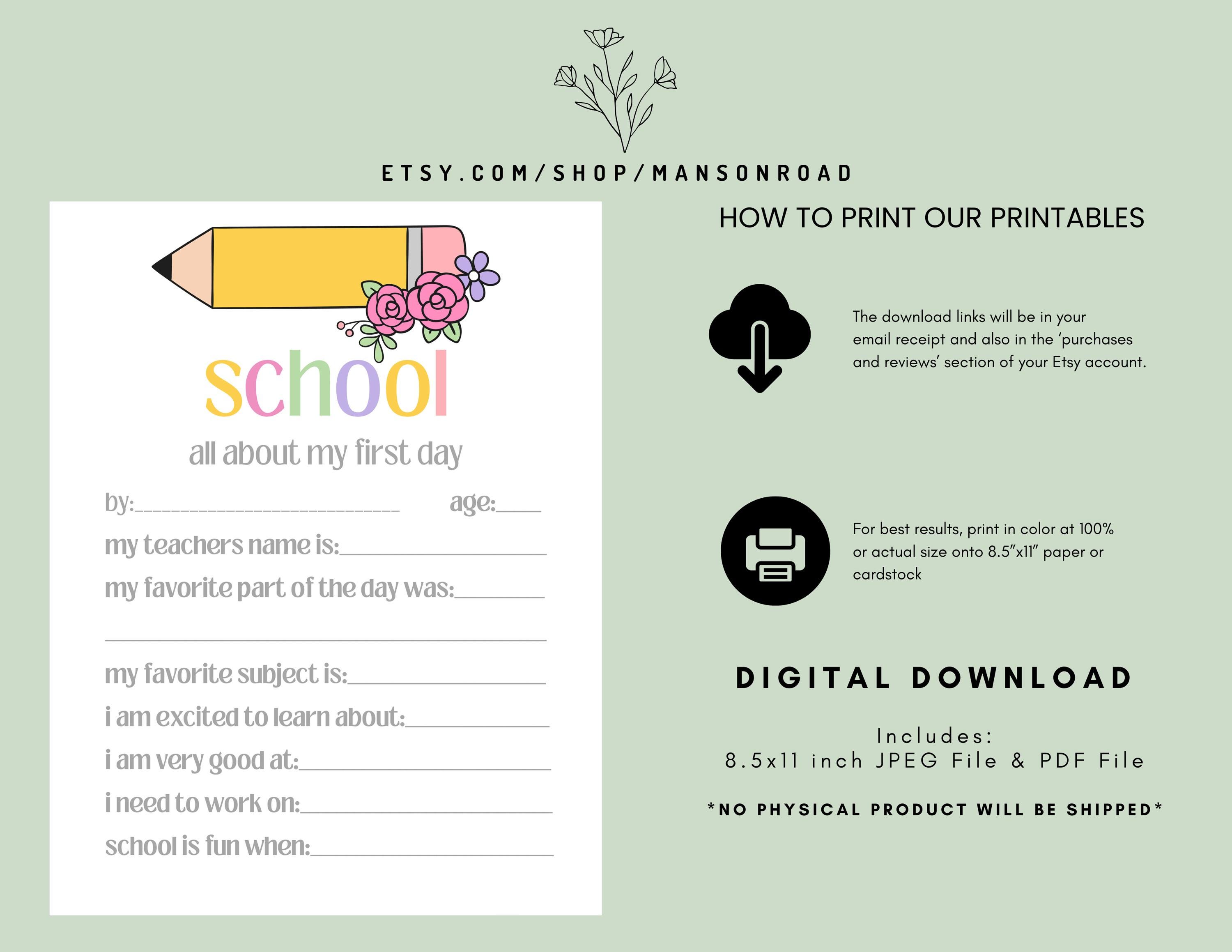 Floral Pencil Back to School Questionnaire - First Day of School ...