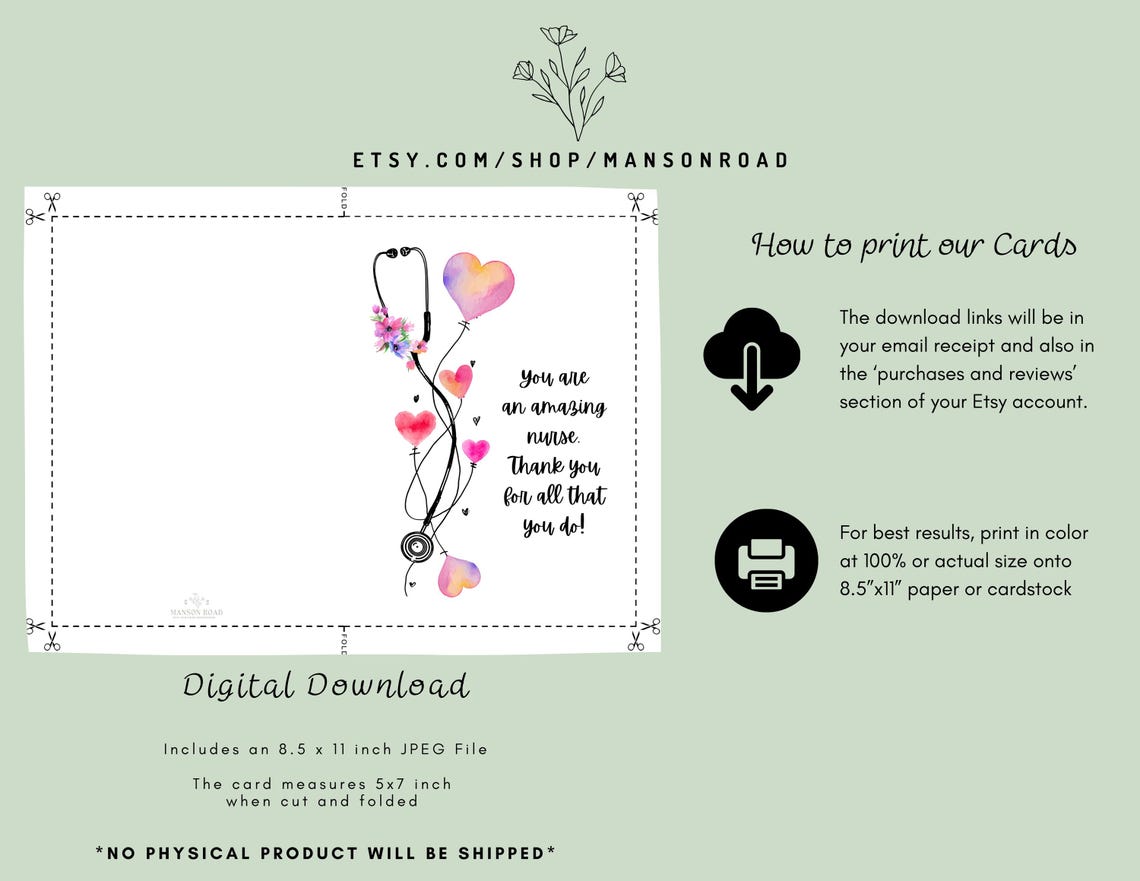 Nurse Appreciation Card - Printable Thank You Note - Digital Download ...