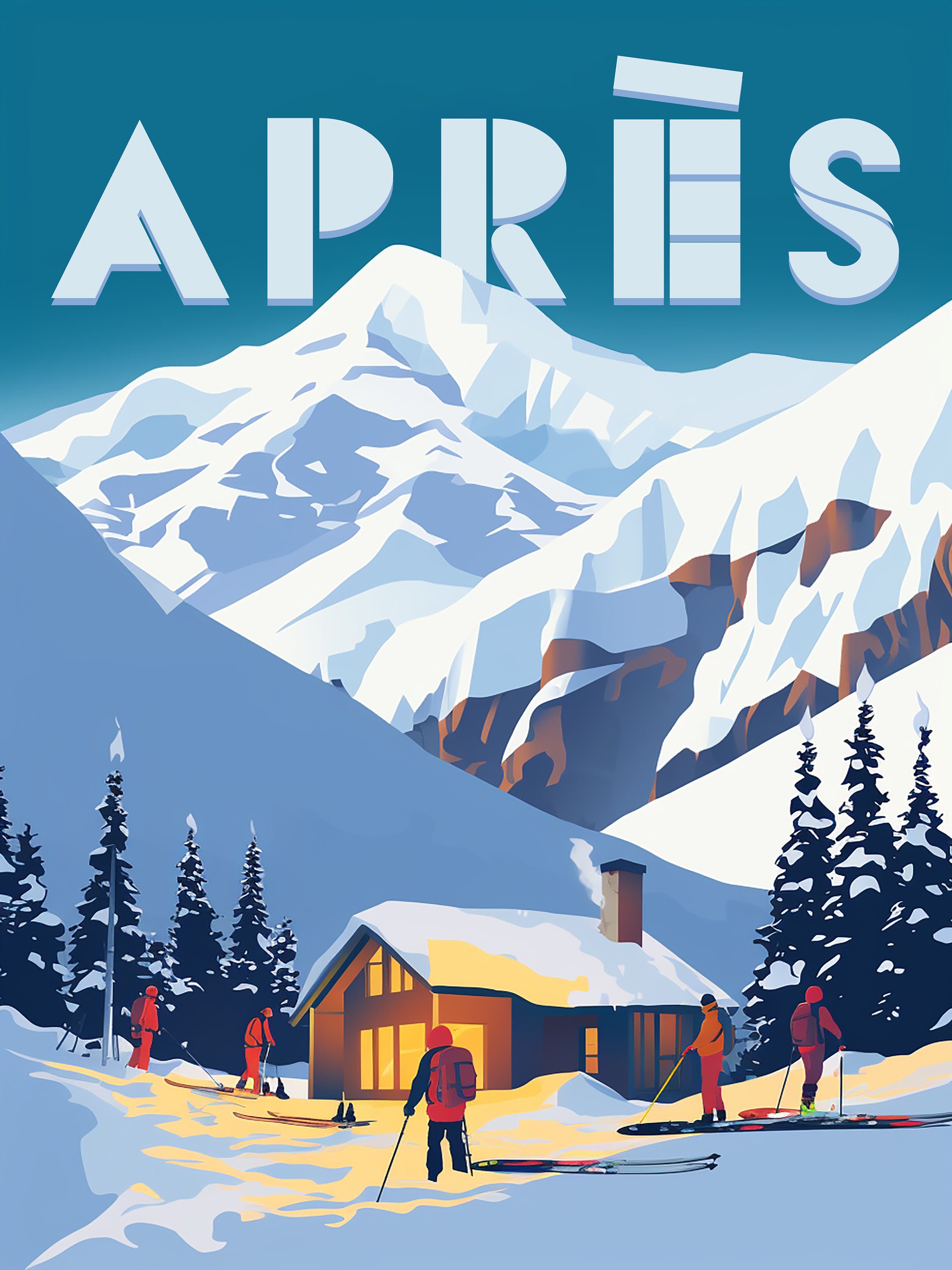 Ski Cabin Apres Ski , Vintage Ski Poster, Sunset Ski Poster, Digital ...