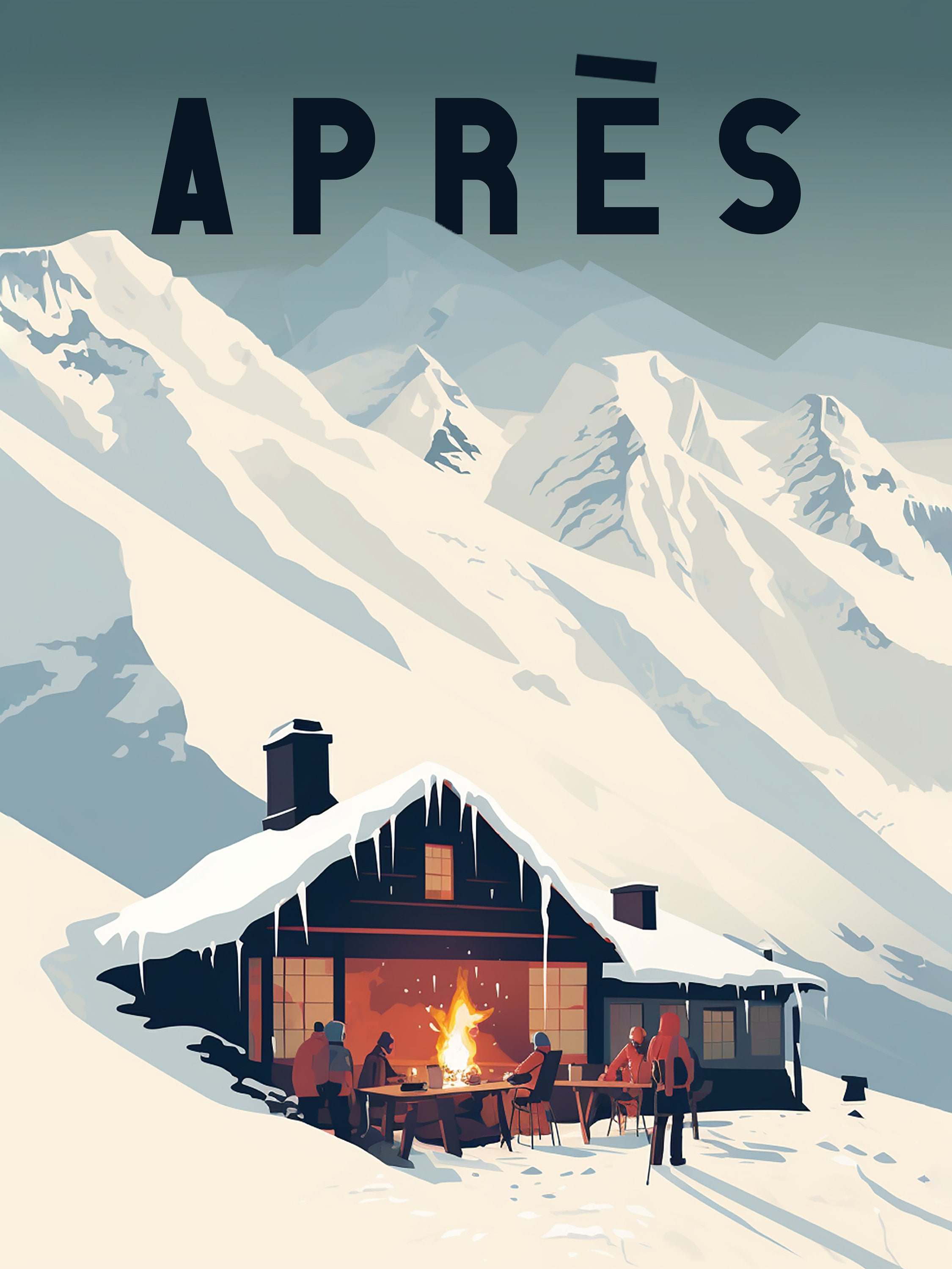 Ski Cabin Apres Ski, Campfire Posters, Vintage Ski Poster, Sunset Ski ...