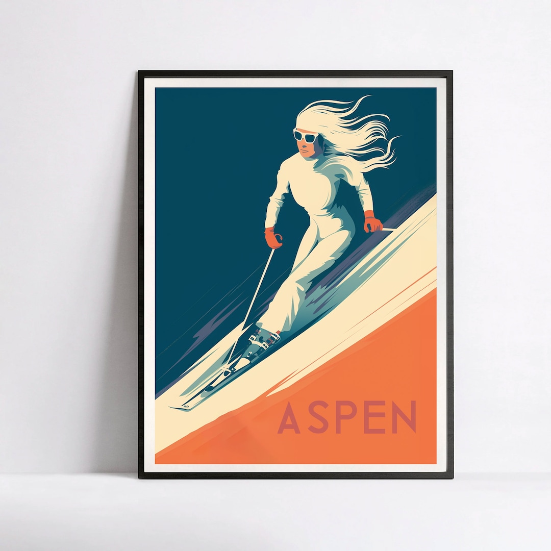 Aspen Ski Poster , Vintage Ski Poster, Woman Skier, Sunset Ski Poster ...
