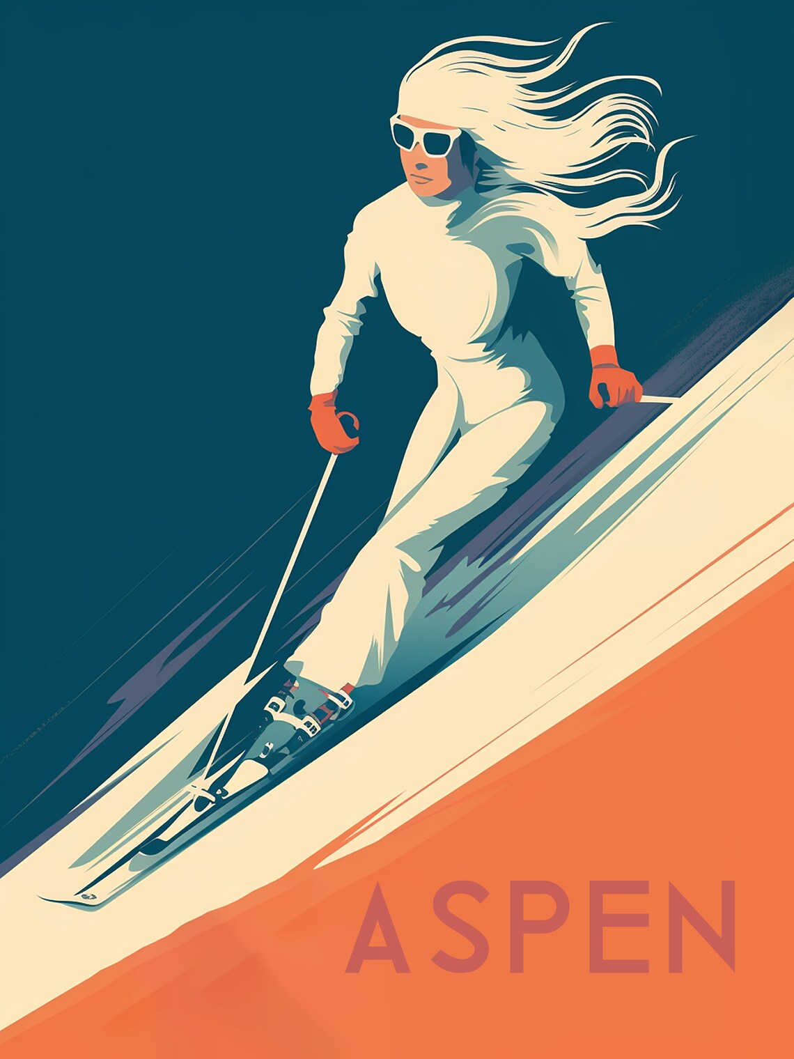 Aspen Ski Poster , Vintage Ski Poster, Woman Skier, Sunset Ski Poster ...