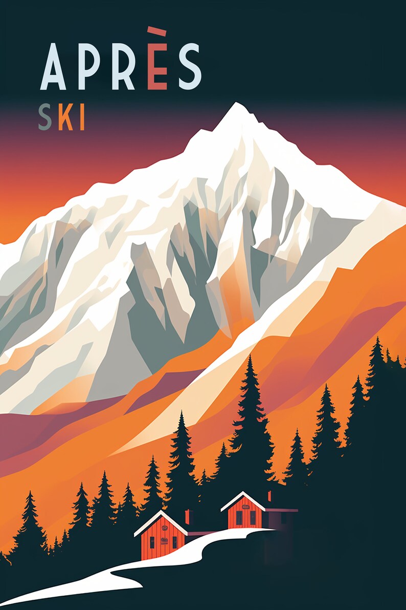 Apres Ski Cabin, Orange Mountain, Vintage Ski Poster, Sunset Ski Poster ...