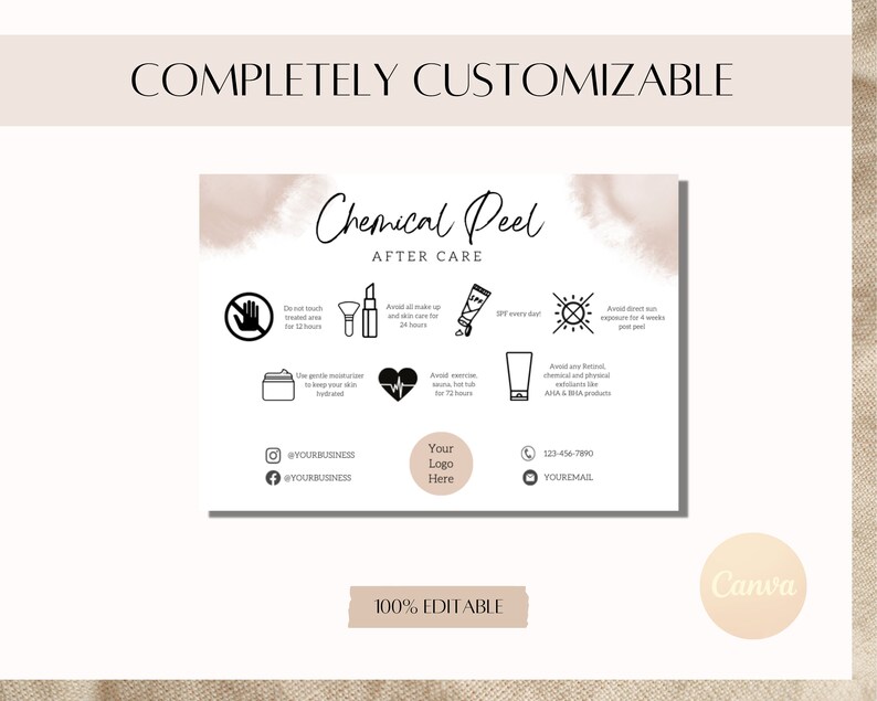 Editable Chemical Peel Aftercare Card Printable Chemical Peel Card ...