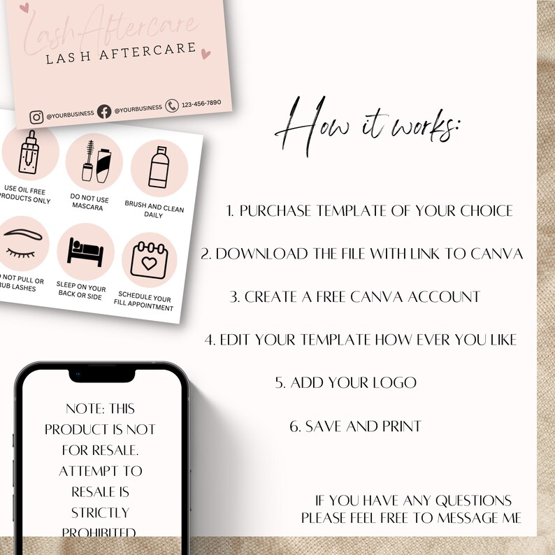 Editable Lash Aftercare Card Template, Canva Lash Card, Lash Extension ...