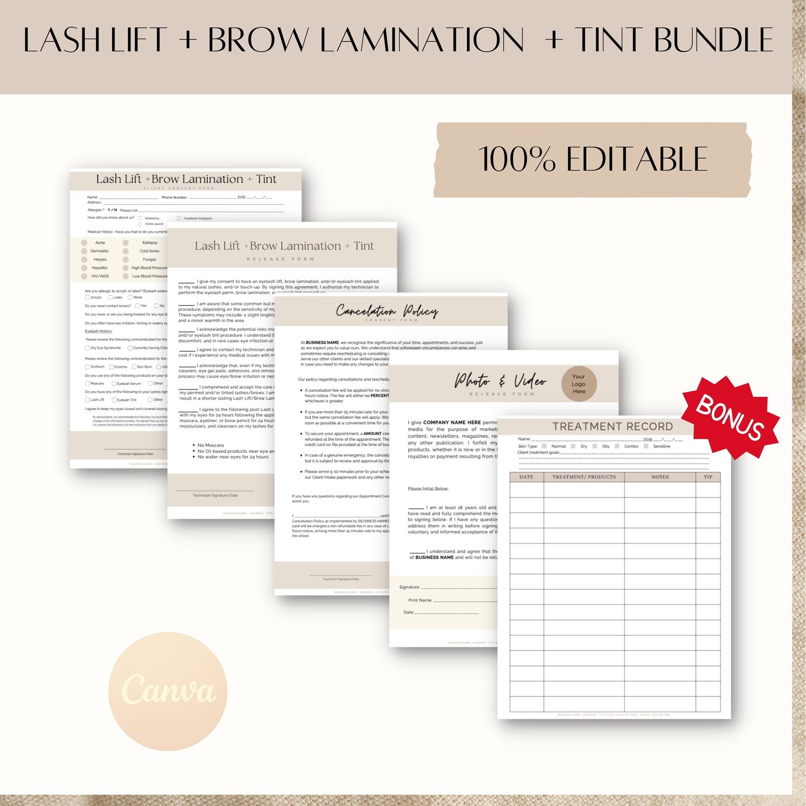 Editable and Printable Brow Lamination + Lash Lift + Tint Form,intake ...
