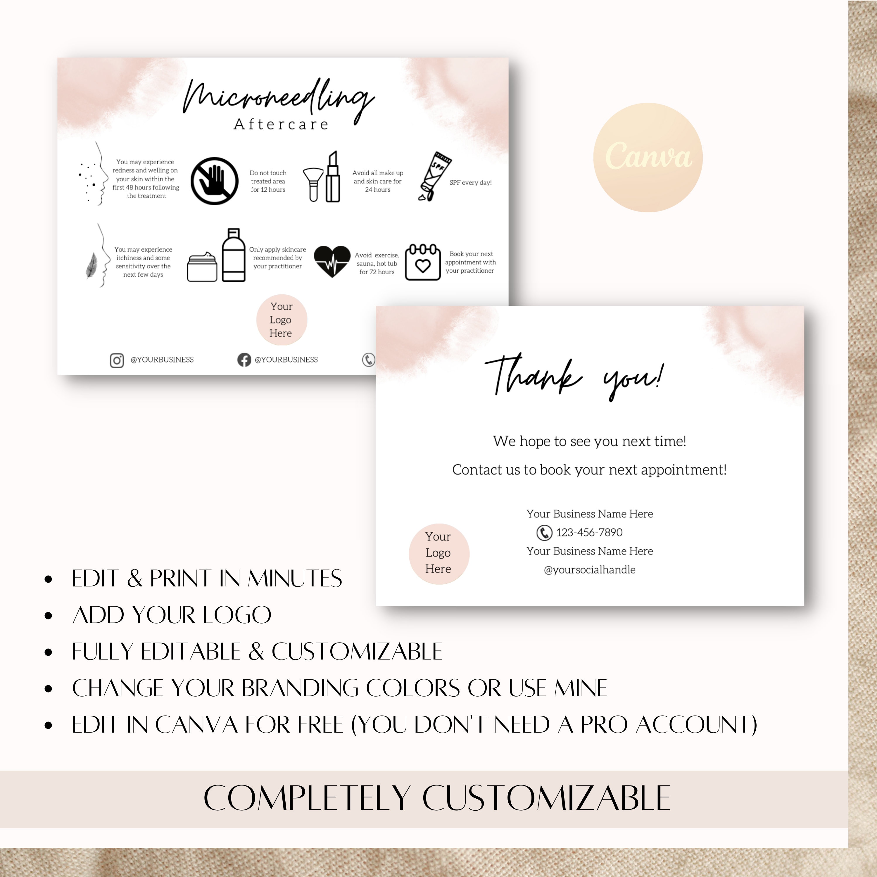 Editable Microneedling Aftercare Card Template, Aftercare Card, Canva ...