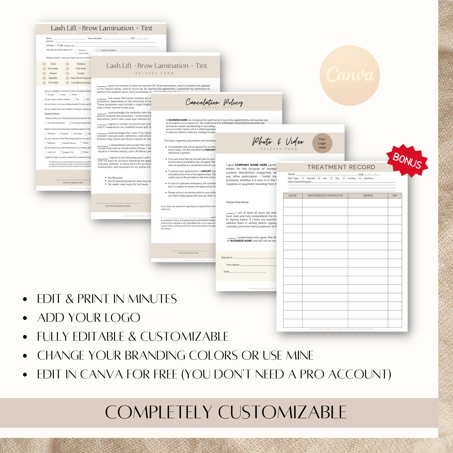 Editable and Printable Brow Lamination + Lash Lift + Tint Form,intake ...