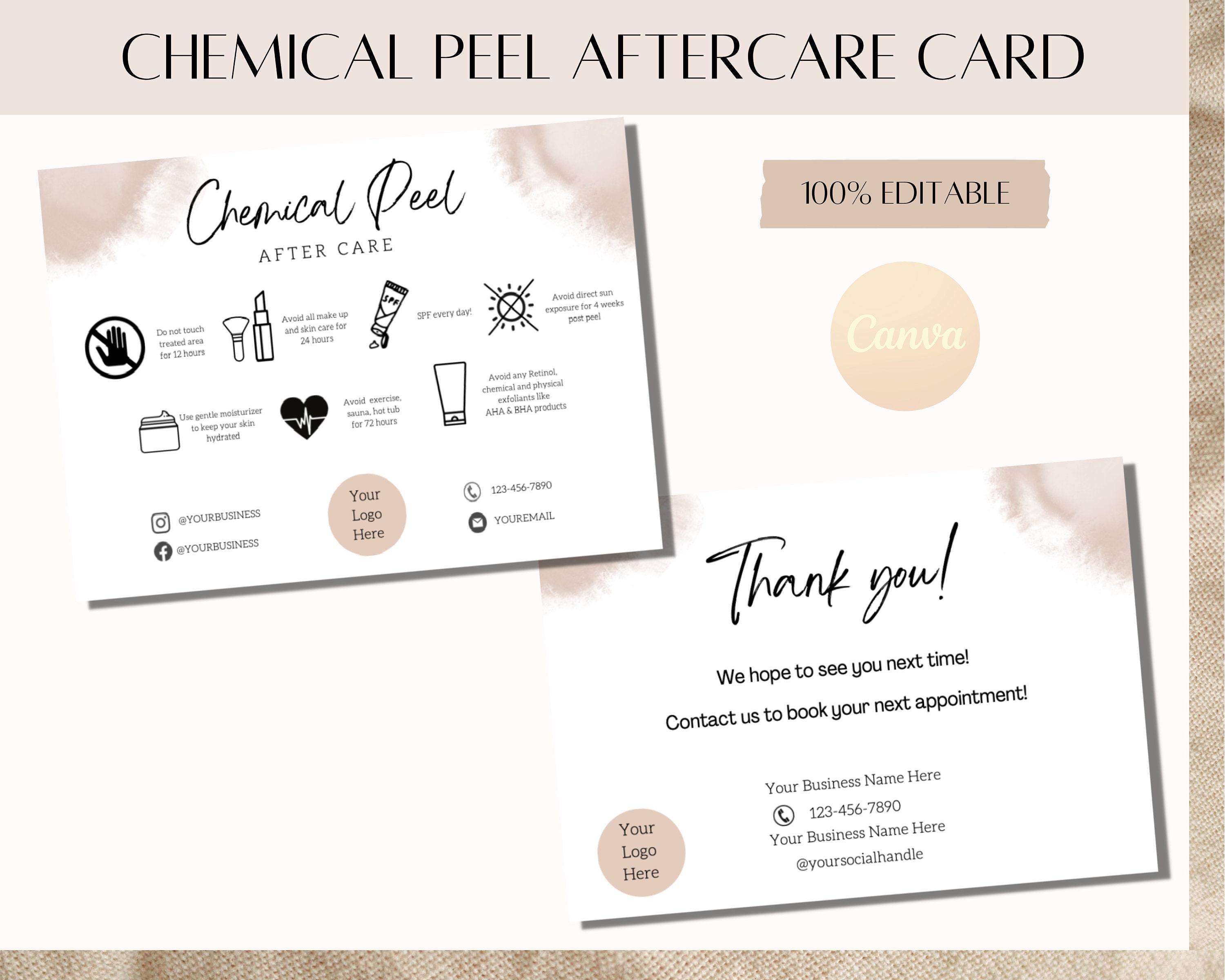 Editable Chemical Peel Aftercare Card Printable Chemical Peel Card ...