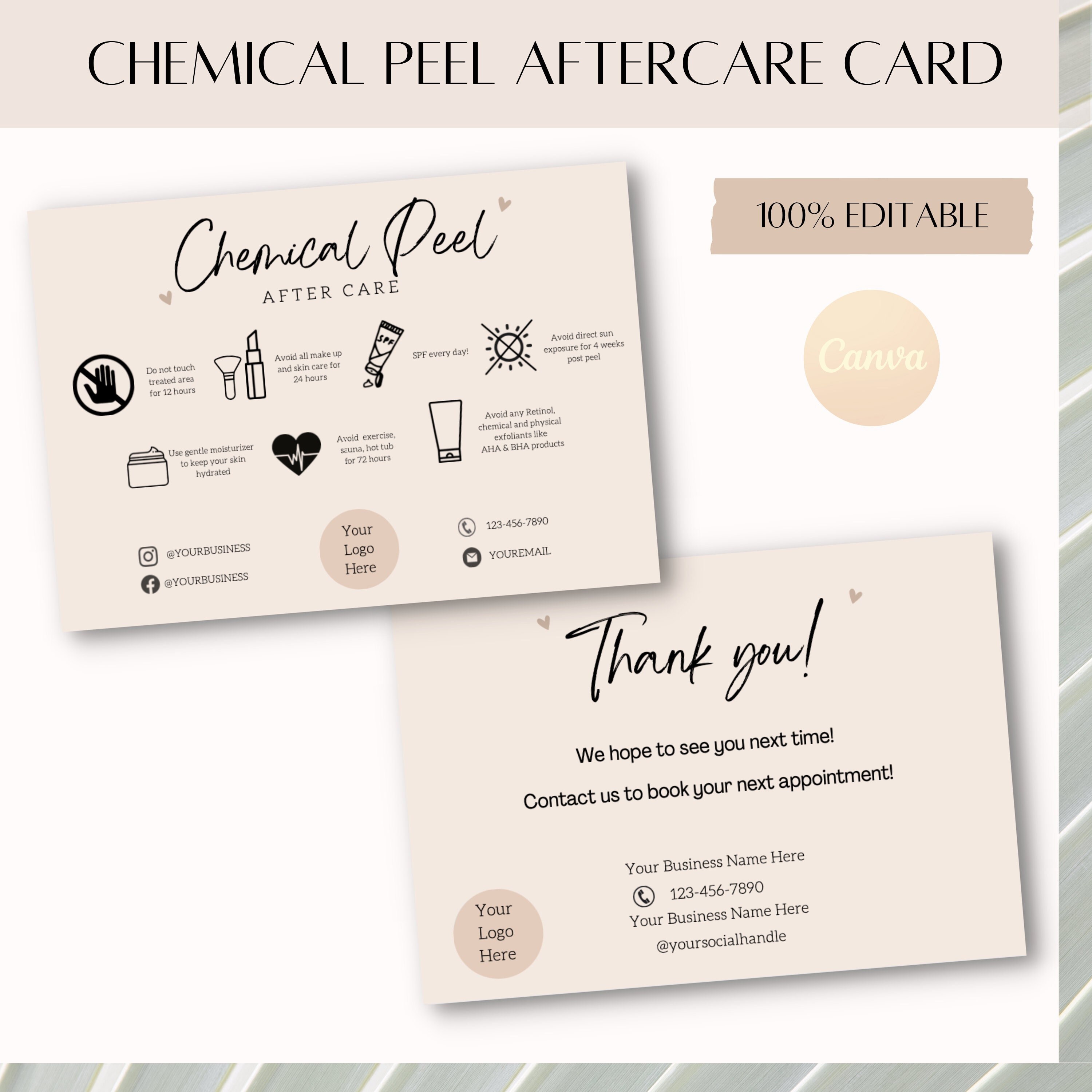 Editable Chemical Peel Aftercare Card Printable Chemical Peel Card ...
