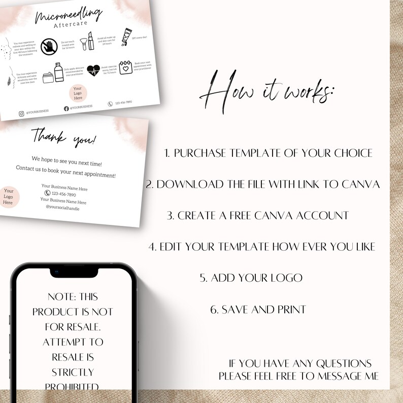 Editable Microneedling Aftercare Card Template, Aftercare Card, Canva ...