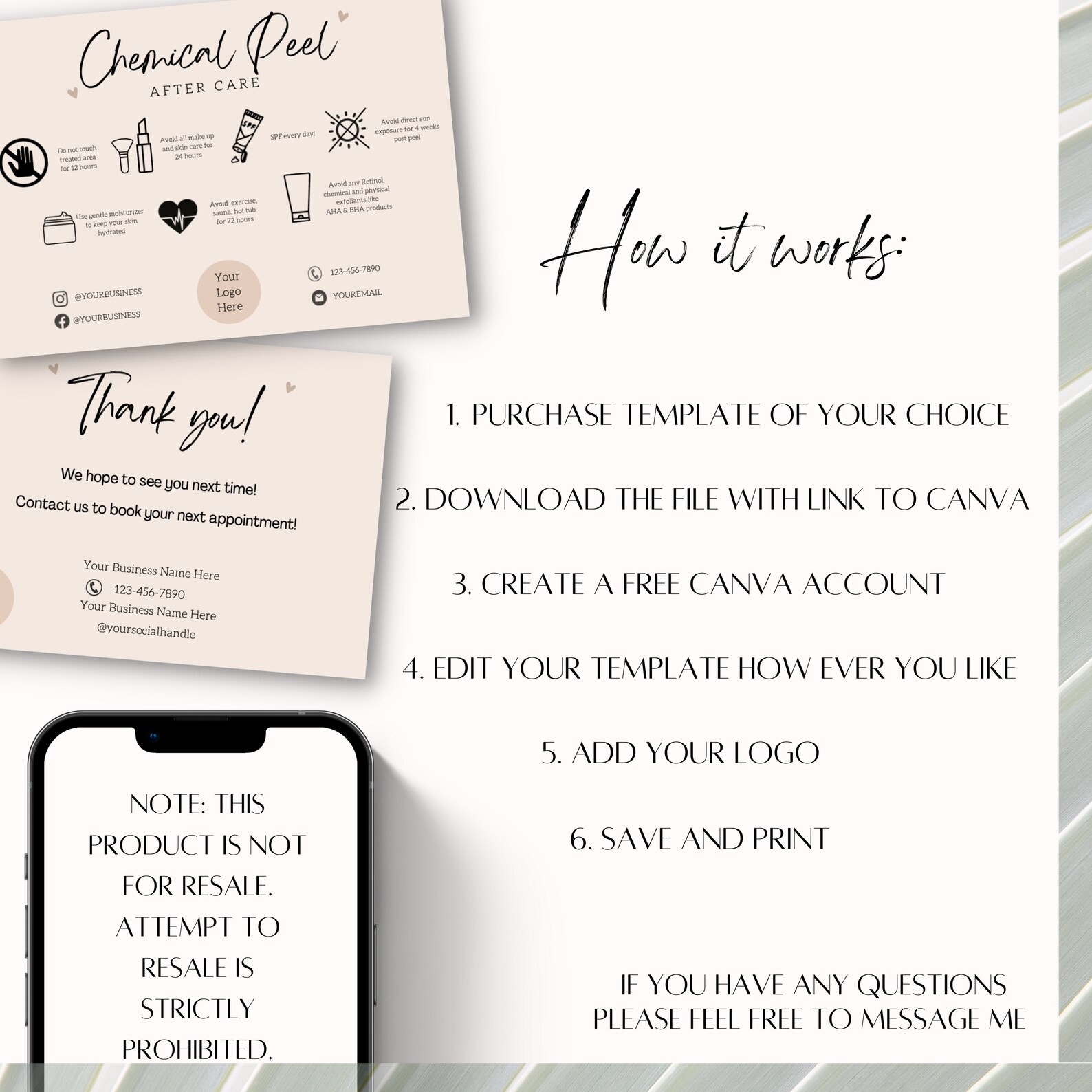 Editable Chemical Peel Aftercare Card Printable Chemical Peel Card ...