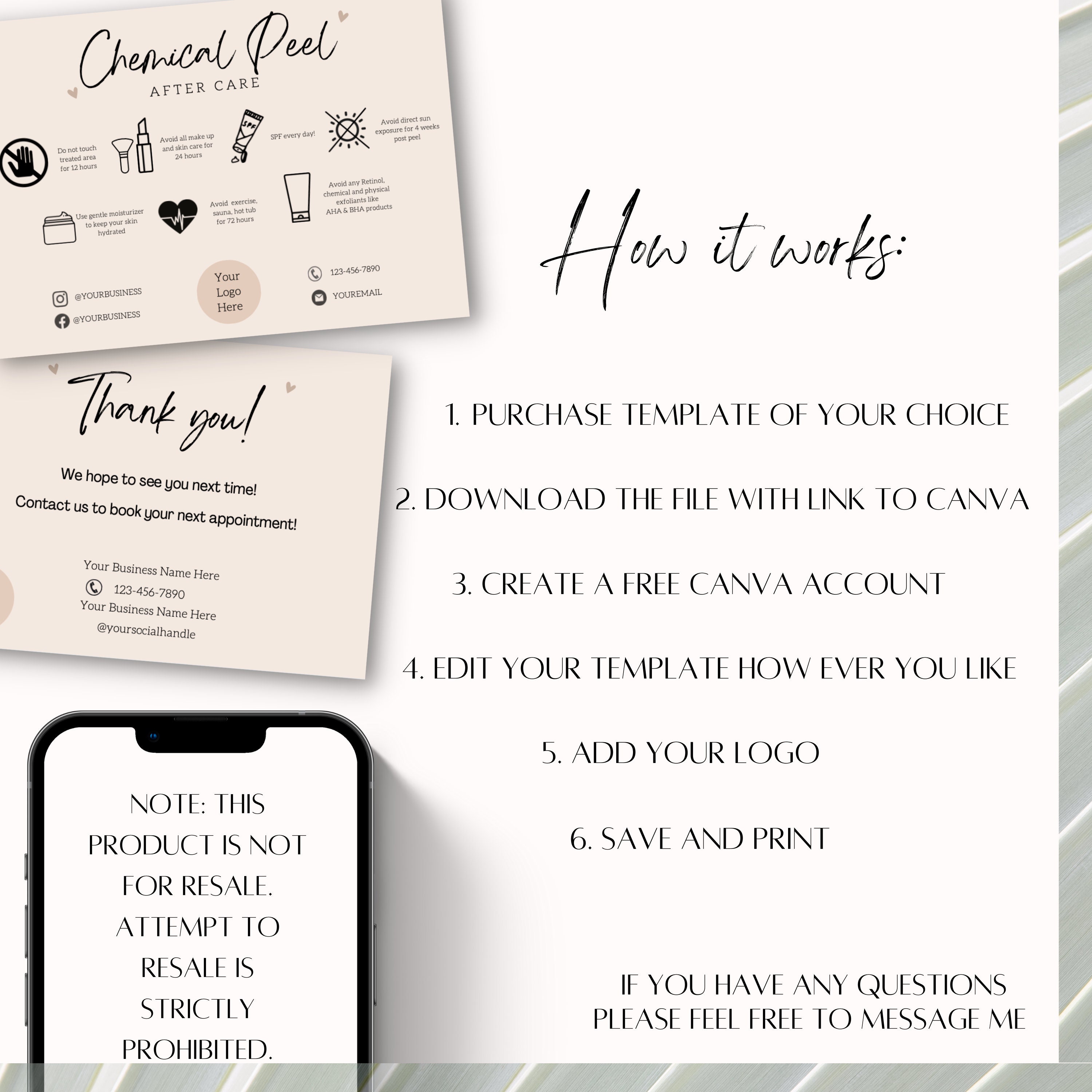 Editable Chemical Peel Aftercare Card Printable Chemical Peel Card ...