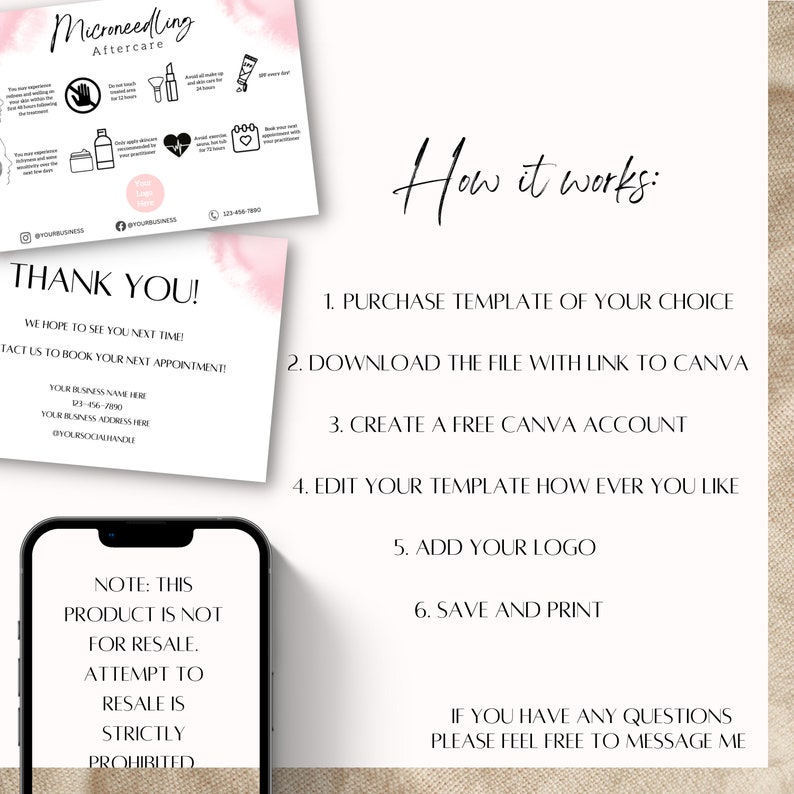 Editable Microneedling Aftercare Card Template, Aftercare Card, Canva ...