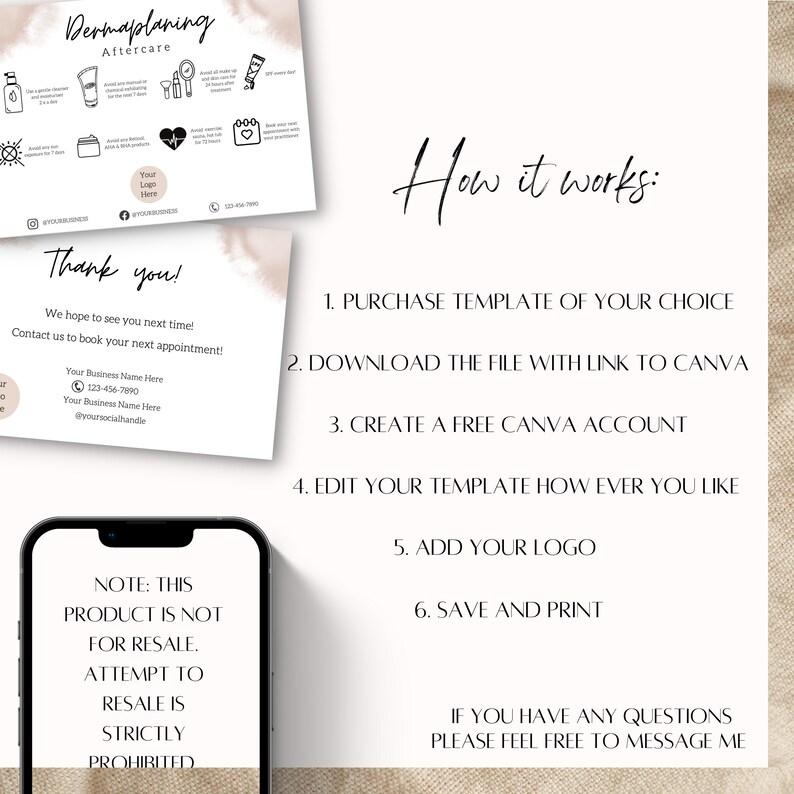 Editable Dermaplaning Aftercare Card Template, Facial Template ...