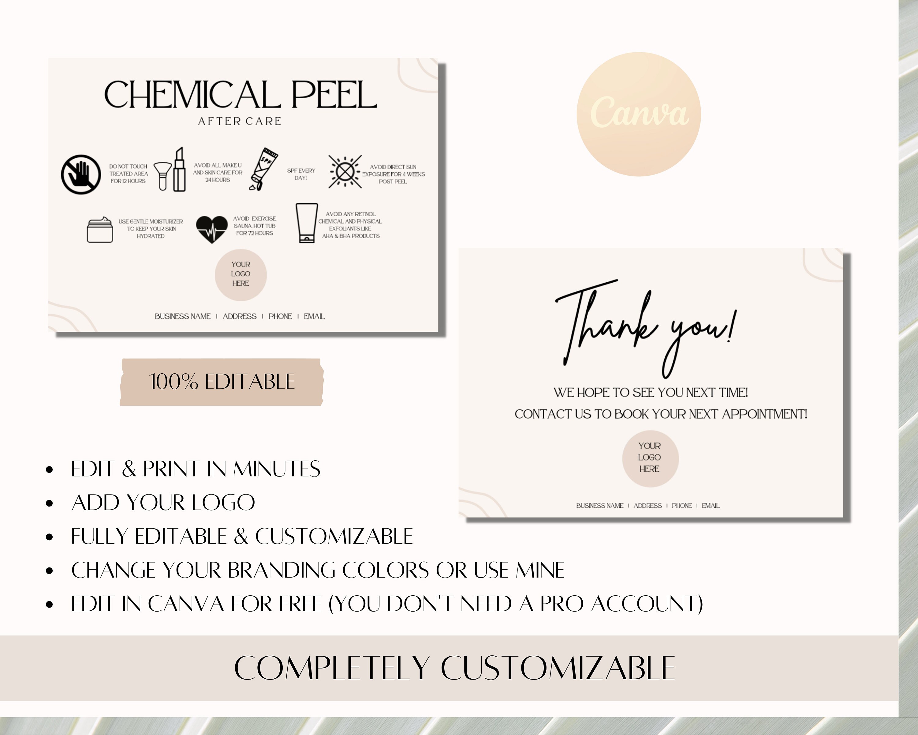 Editable Chemical Peel Aftercare Card Printable Chemical Peel Card ...