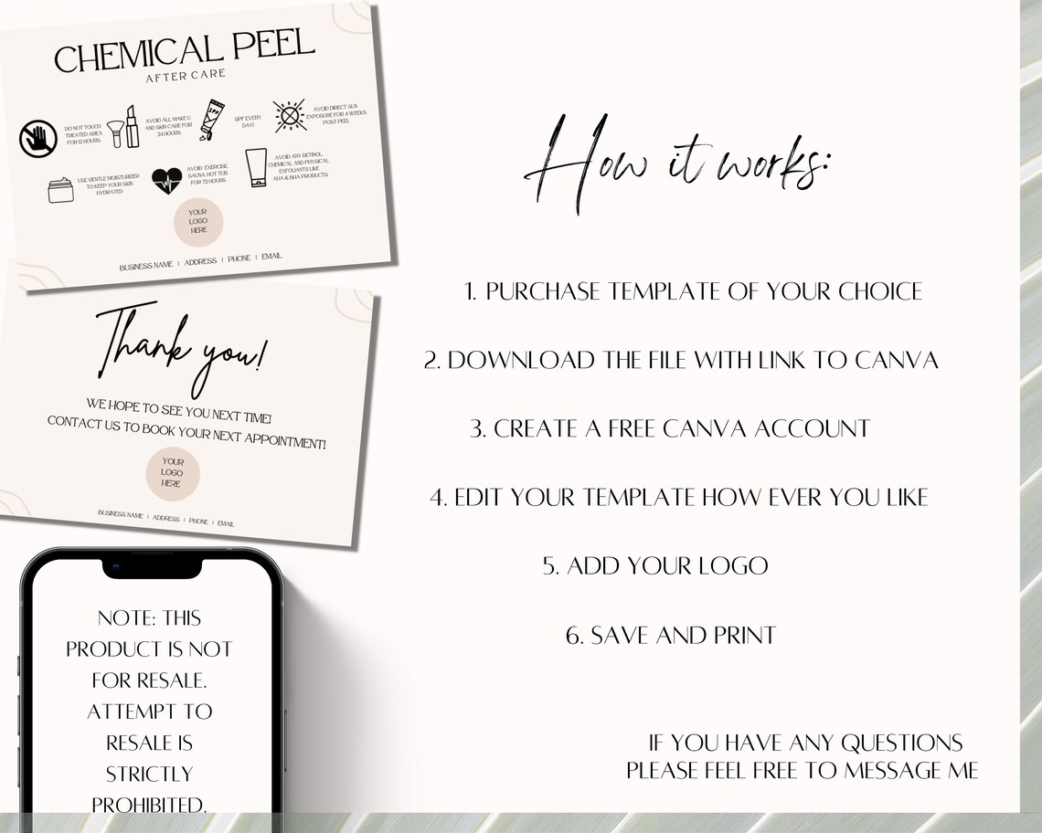 Editable Chemical Peel Aftercare Card Printable Chemical Peel Card ...