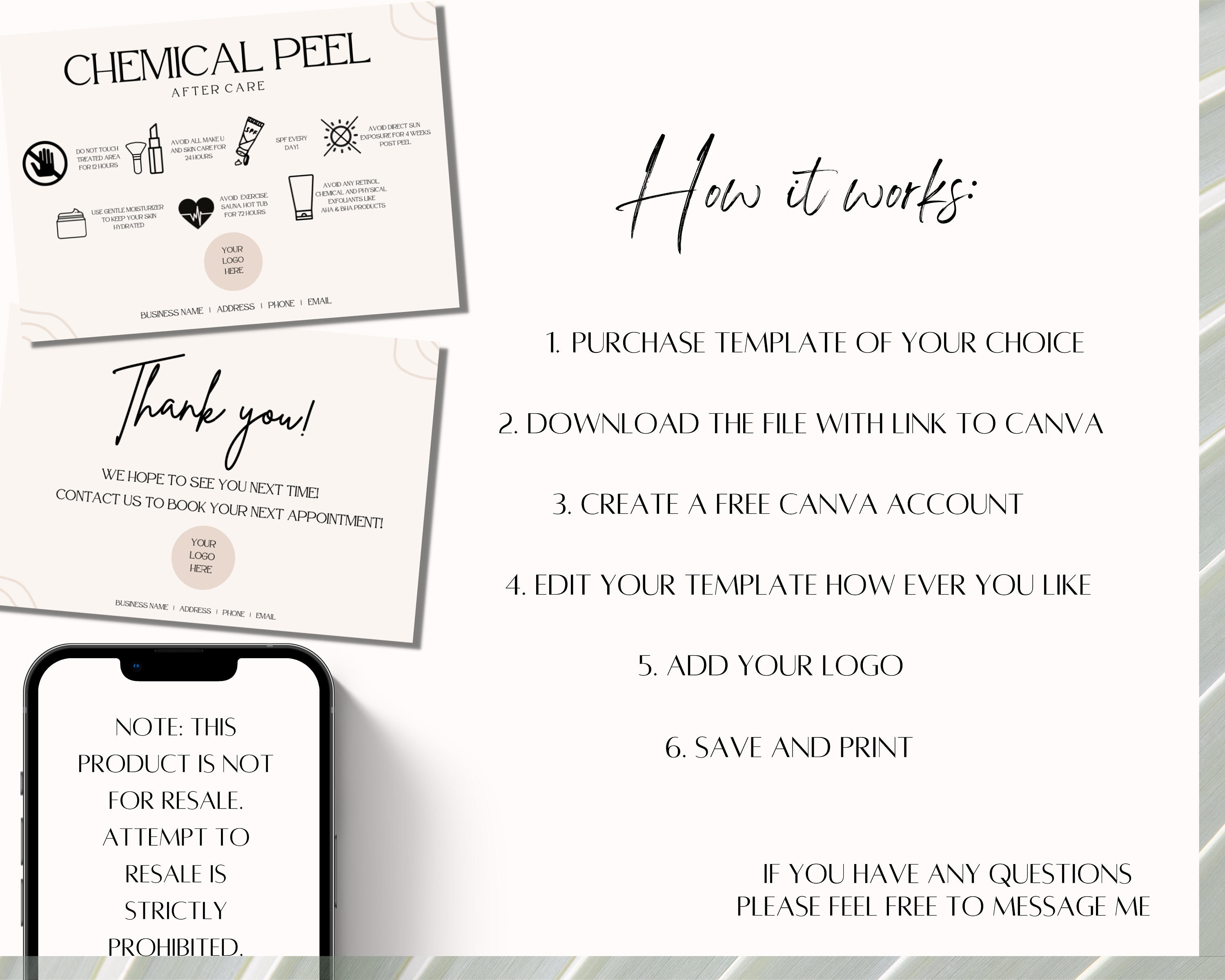Editable Chemical Peel Aftercare Card Printable Chemical Peel Card ...
