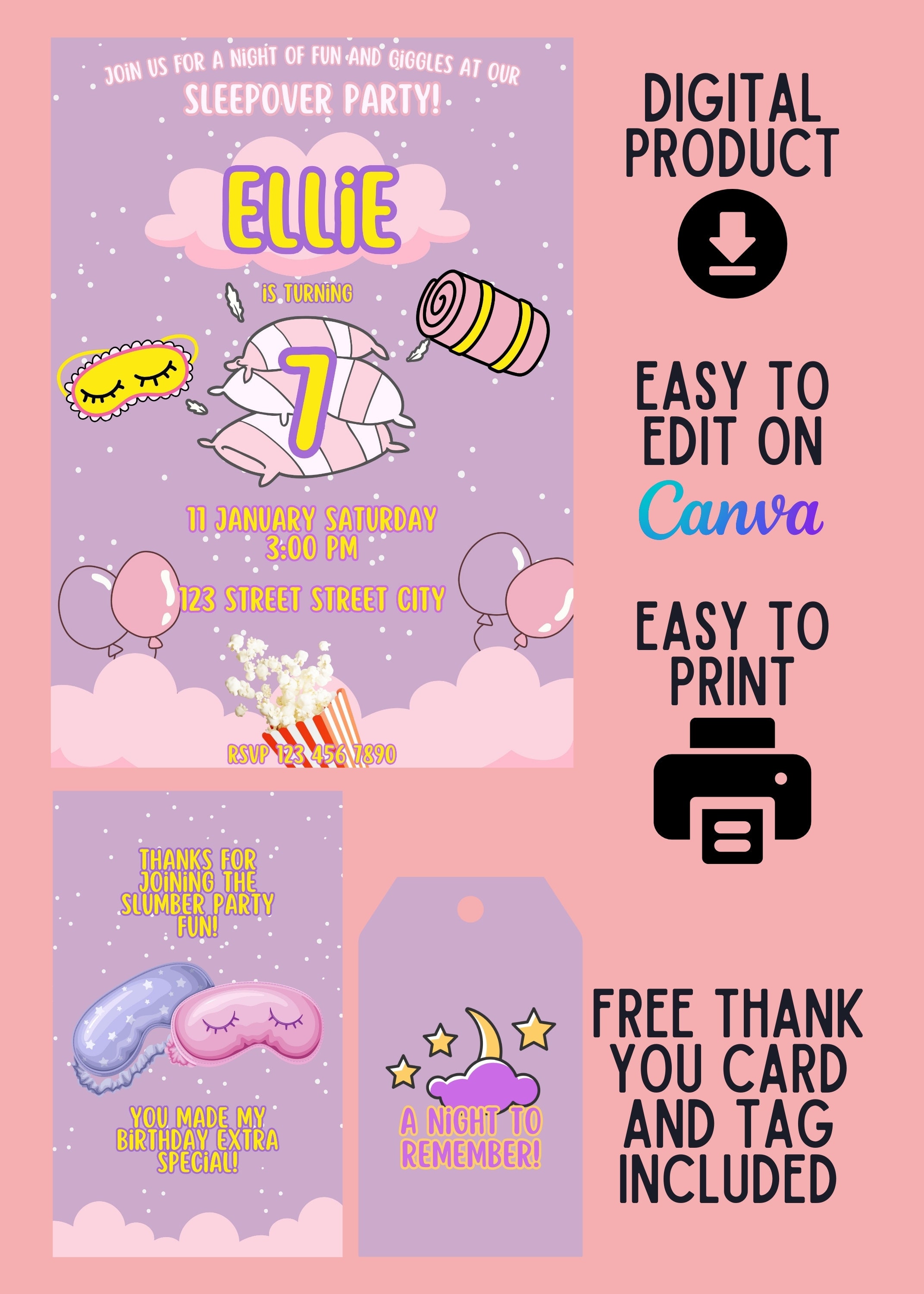 Editable Slumber Party Birthday Invitation Sleepover Birthday Invite ...