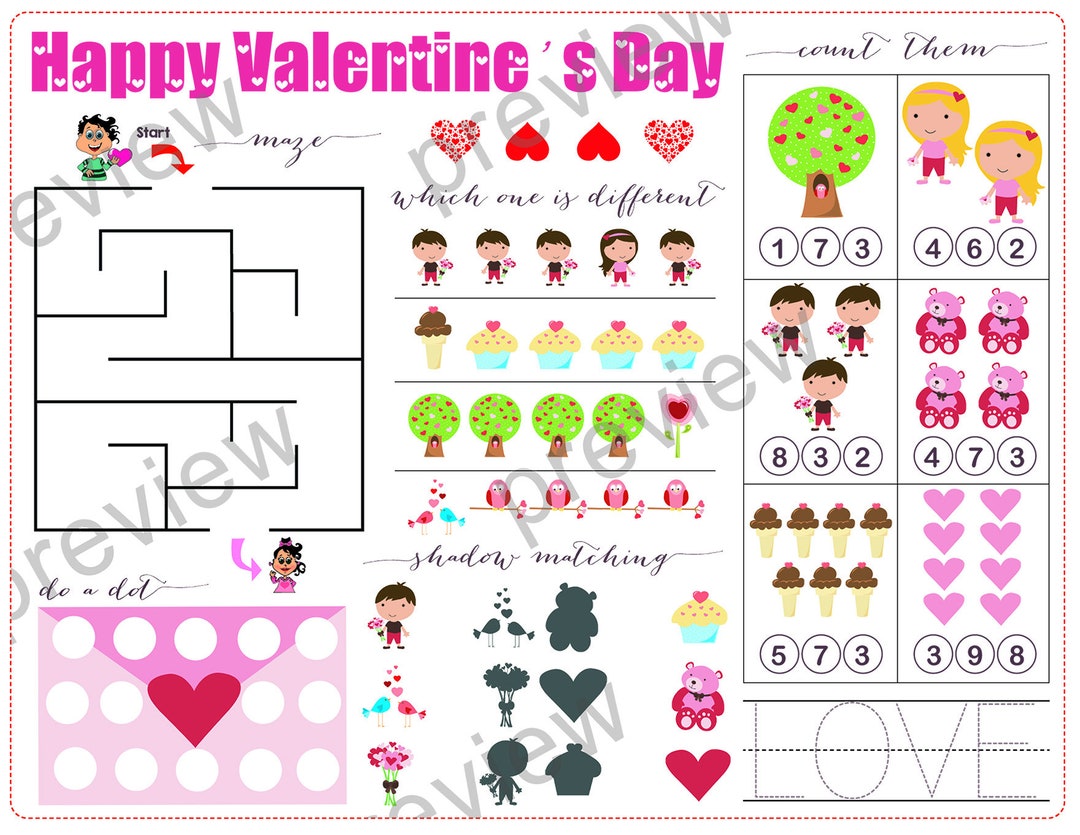 Valentine's Day Activity Placemat for Kids Printables 8.5x11 - Etsy
