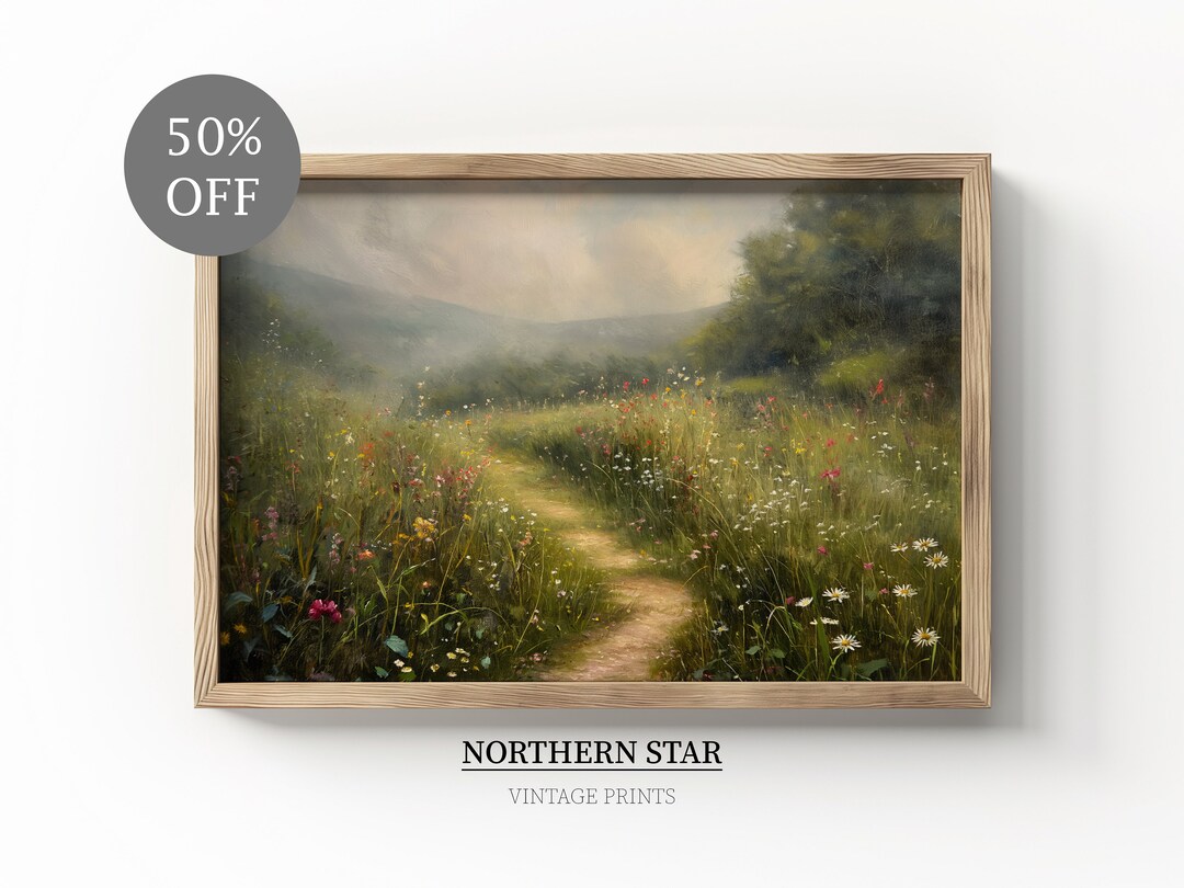Vintage Path Through Wild Meadow Painting, Botanical Wall Art Print ...